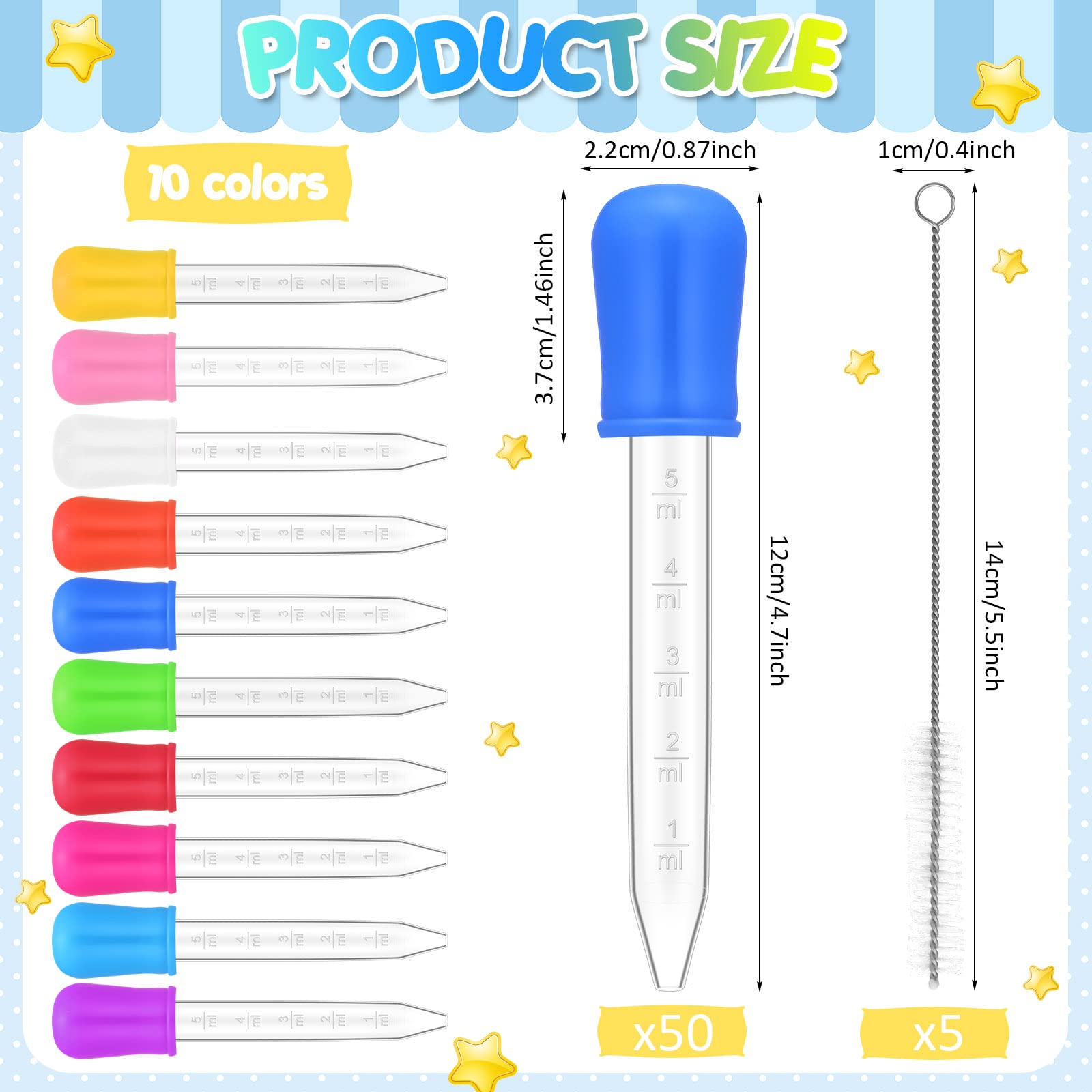 Potchen 50 Pieces Liquid Droppers for Kids, 5ml Silicone Pipettes Clear Eye Dropper with Bulb Tip and 5 Cleaning Brushes for Children Candy Making Crafts Projects Supplies