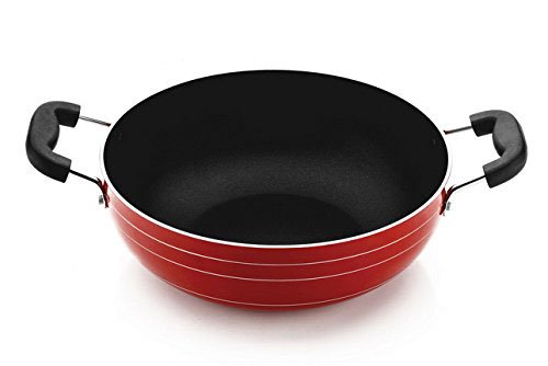 Non-Stick Coating Kadai / Fry Pan with Steel Lid 2.6 mm(Red) ,Valentine Day Gifts