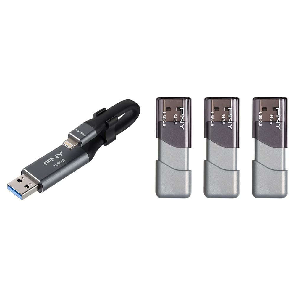 PNY 128GB DUO LINK iOS USB 3.0 OTG Flash Drive for iPhone & iPad and Computers - External Mobile Storage for photos, videos, and more & 64GB Turbo Attaché 3 USB 3.0 Flash Drive 3-Pack