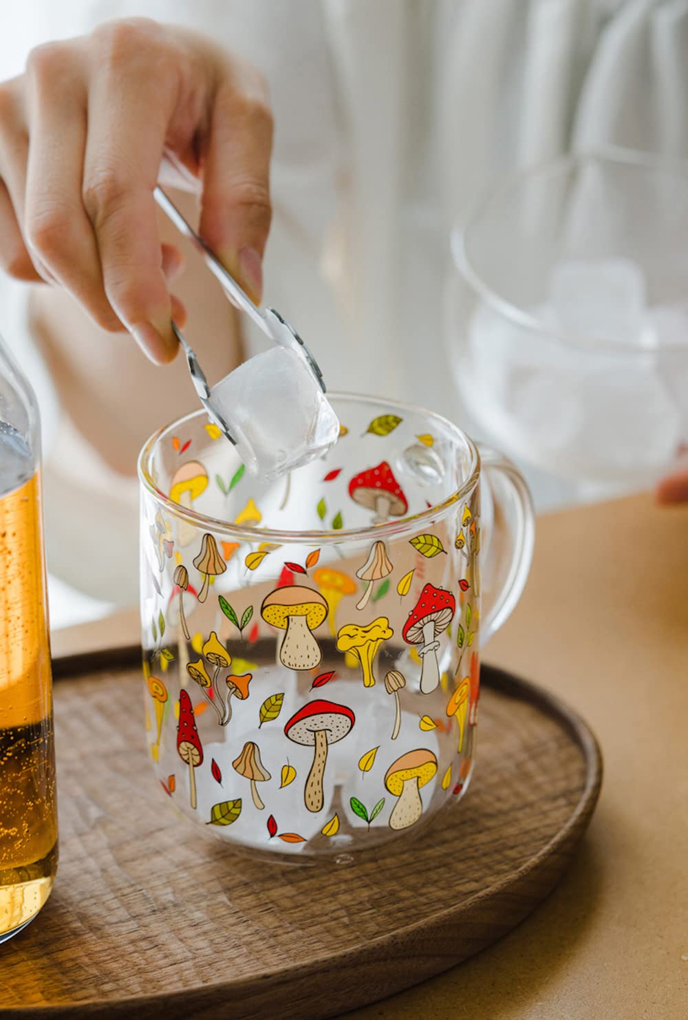 Mushroom Glass Mug with Gold Spoon Aesthetic Glass Cup with Cute Mushroom Patterns Mushroom Coffee Milk Mug Tea Cup Breakfast Drinking Mushroom Stuff (with Spoon)