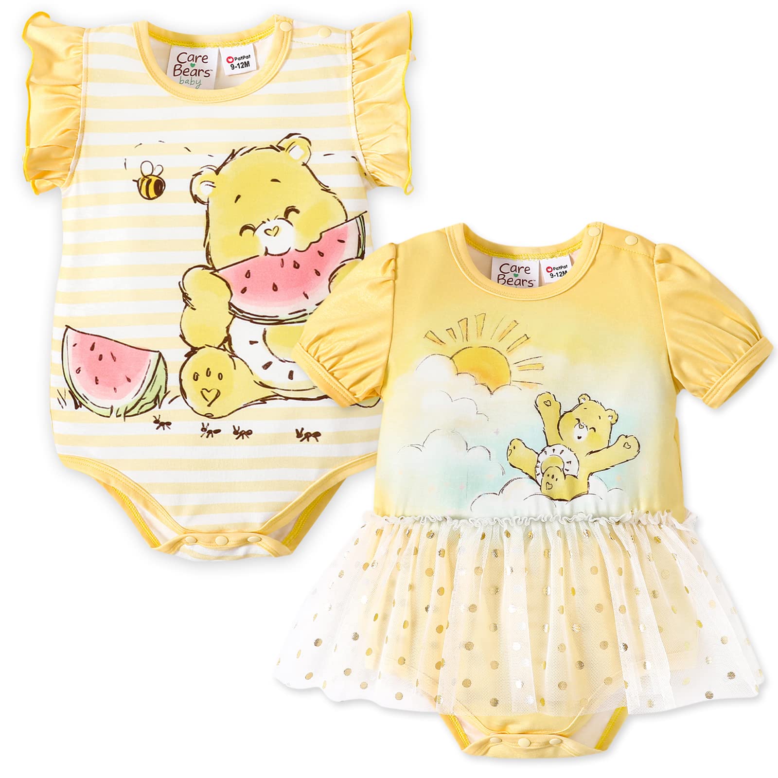 PATPAT Care Bears Baby Girls 2-Pack Bodysuit Newborn Infant One-pieces Romper Ruffle Sleeve Bodysuit Tutu Romper 12-18 Months