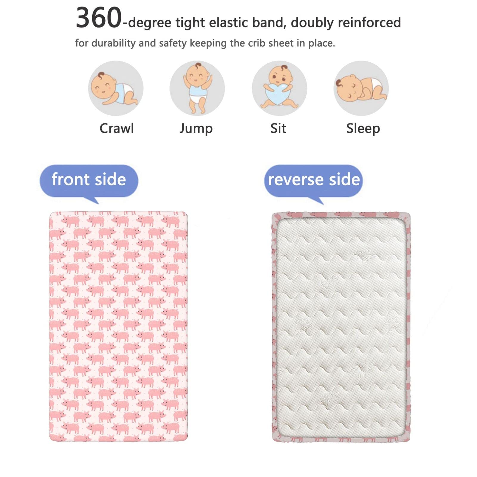 Pig Themed Fitted Mini Crib Sheets,Portable Mini Crib Sheets Soft and Breathable Bed Sheets-Crib Mattress Sheet or Toddler Bed Sheet,24β x38β,Pale Pink and Rose