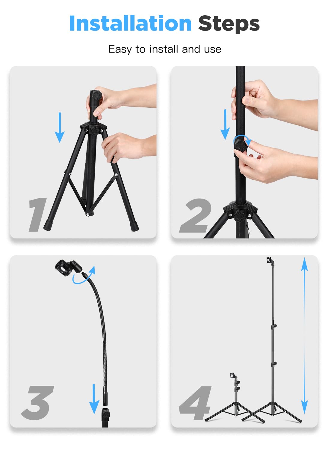Mic Stand, Bietrun Metal Gooseneck Boom Arm Mic Stand Tripod, Height&360° Adjustable, with Carrying Bag & 2 Mic Clips,Compatible with Wireless Mic&Wired Mics for Singing/Wedding/Church/Stage/Party