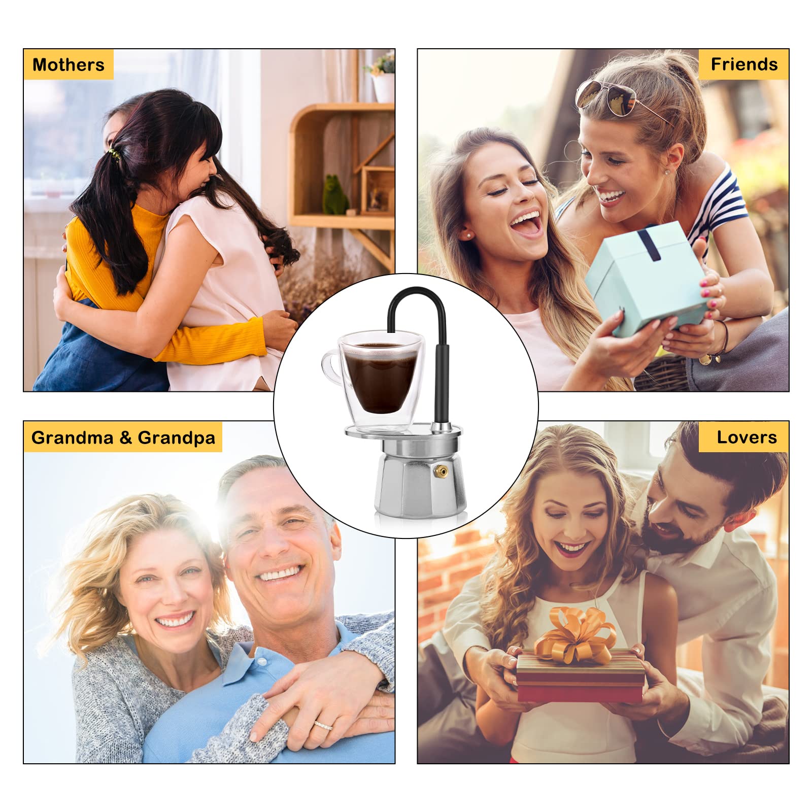 MVPLUE-Mini Express Swiss Single Tube Moka Pot Aluminum Silver,Moka Set includes One Double Wall 3oz Cup,Enjoy delicious coffee in no time