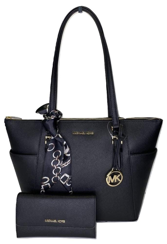 Michael Kors Charlotte Large Zip Tote bundled with matching Trifold Wallet Purse Hook (Signature MK Vanilla/Pink)