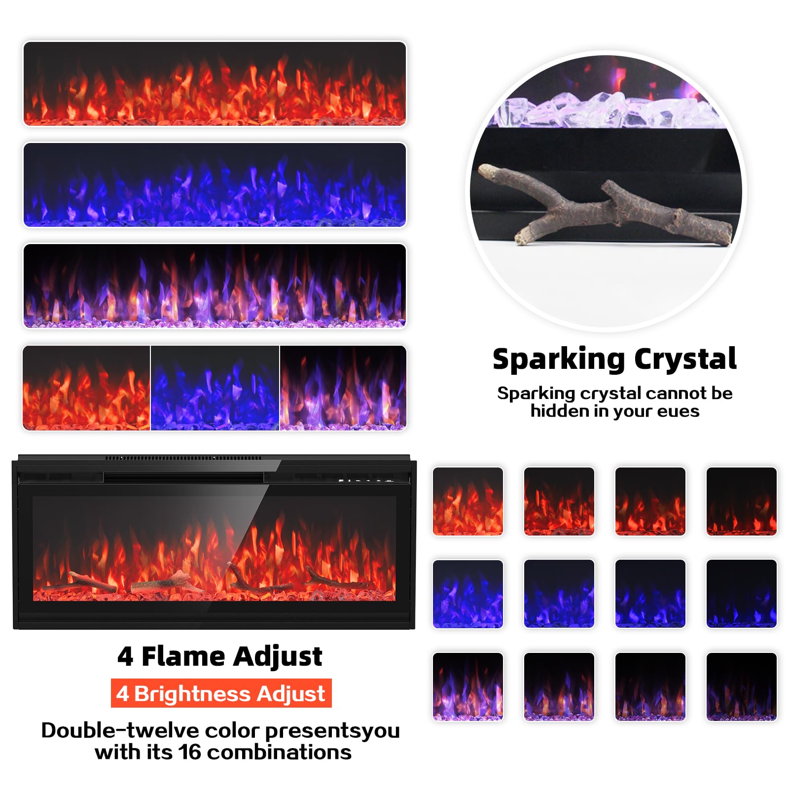 Ooiior 40 Inch Electric Fireplace, Recessed and Wall Mounted Fireplace with Remote Control, Ultra-Thin Fireplace Heater and Linear Fireplace, with Timer, Adjustable Flame Color, 750/1500W