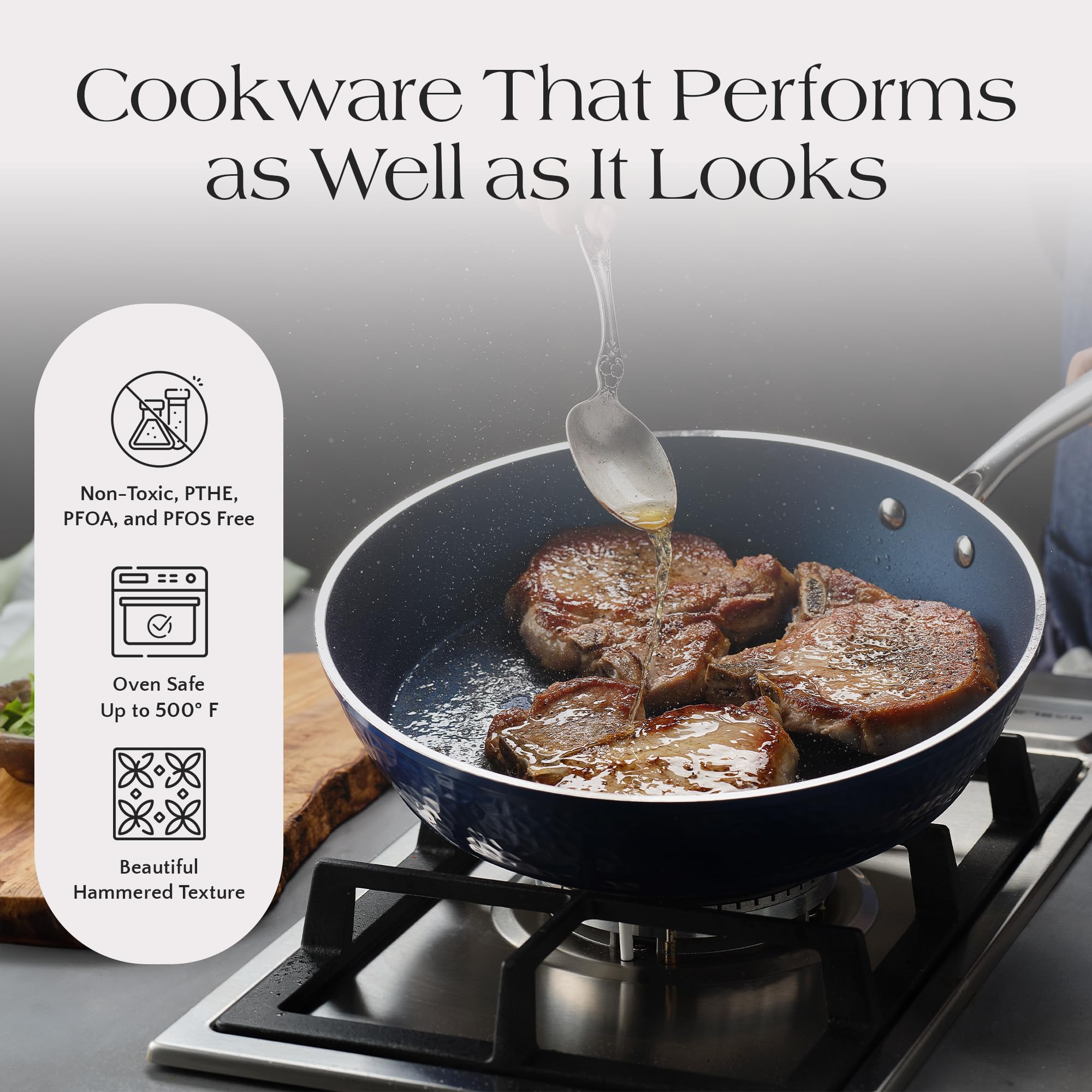OrGREENiC Blue Hammered Collection - Non-Toxic, Non-Stick Ceramic 10 Piece Cookware Set with Glass Lids, Scratch-Resistant, Oven Safe with Upgraded Handles, Safe Pan for All Stovetops