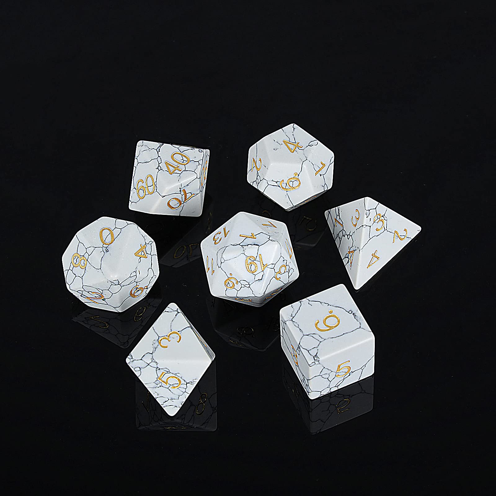 Natural Gemstone Dice Set DND, Full Set 7 Piece Glass D&D Dice with Portable Cloth Bag and Tablecloth for Dungeons and Dragons D&D(White Howlite Turquoise)