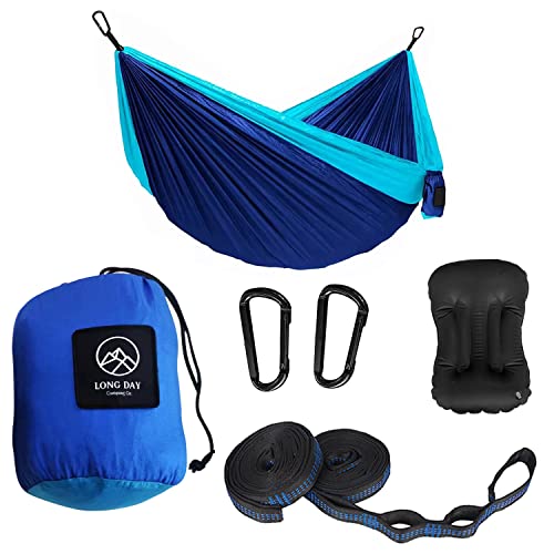 Long Day Camping Hammock with Camping Pillow Included- Portable Hammock - Single or Double Hammock Camping with Tree Straps and Hammock Pillow Included (Blue/Blue)