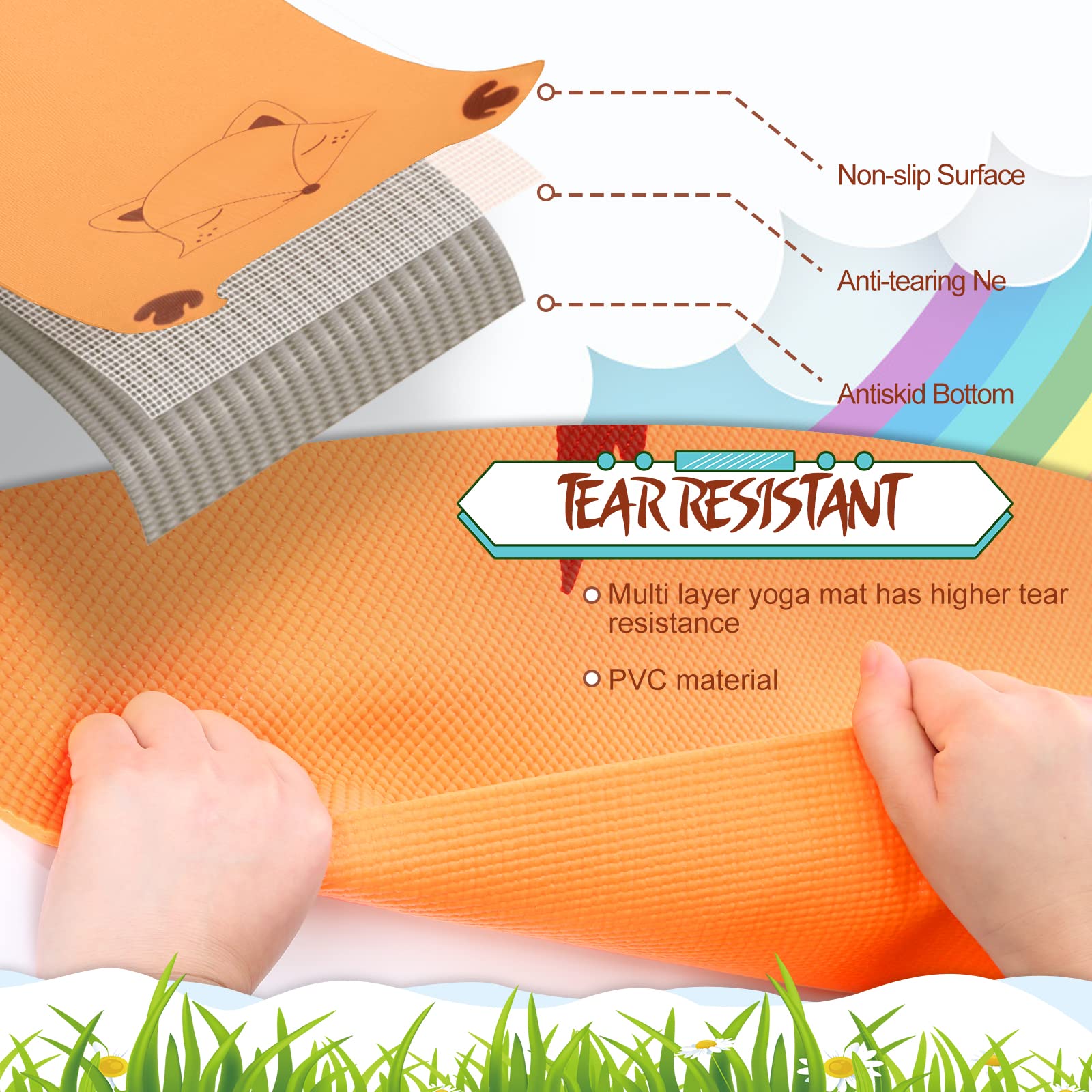 Kids Yoga Mat, Non Slip Playmat Excercise Mats 5mm Thick, Unique Fox Design Yoga Mats, Multi Purposed Mats
