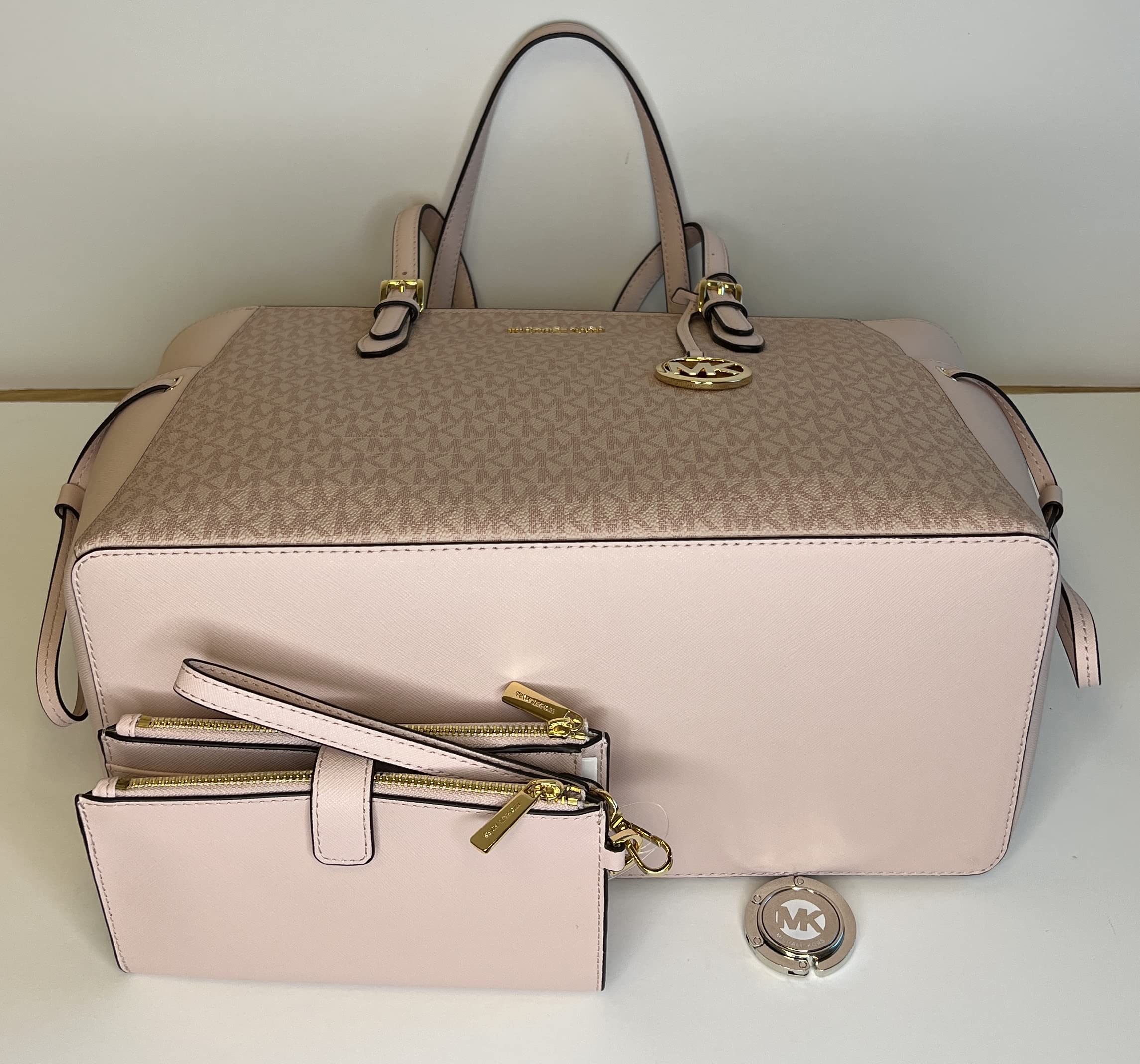 Michael Kors MICHAEL Michel Kors Gilly Large Drawstring Travel Tote bundled with Double Zip Wristlet Purse Hook (Signature MK Pink)