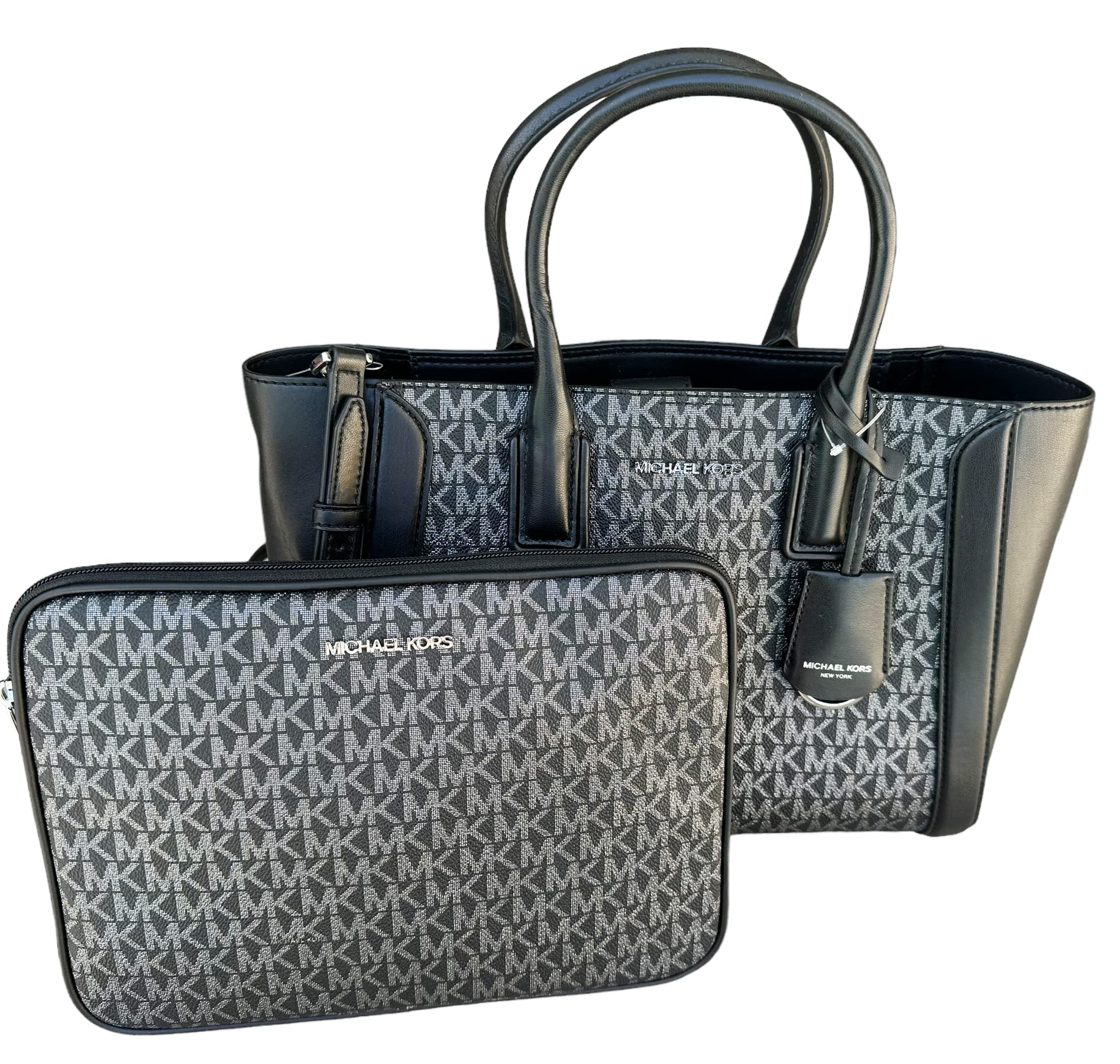 Michael Kors Kali Medium Satchel Tote Crossbody Signature MK + Ipad Case (Black Silver Multi)