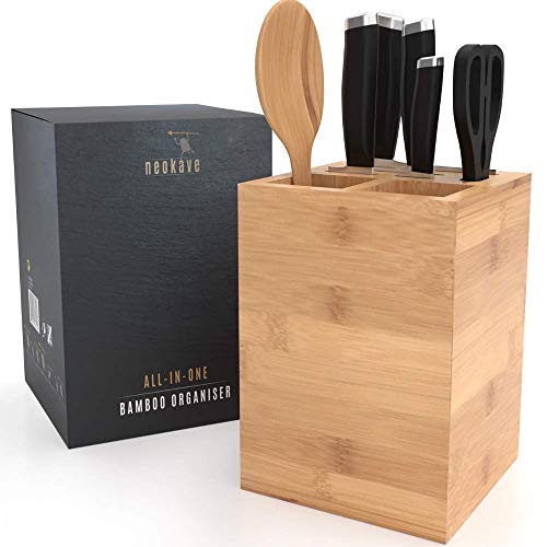 NEOKAVE Small Knife Block Holder- Bamboo Knife Utensil holder - Compact Knife Storage Organizer - Scissors, Utensil, Cleaver, Knife holder without knives for Kitchen Counter - for max 7" Blades