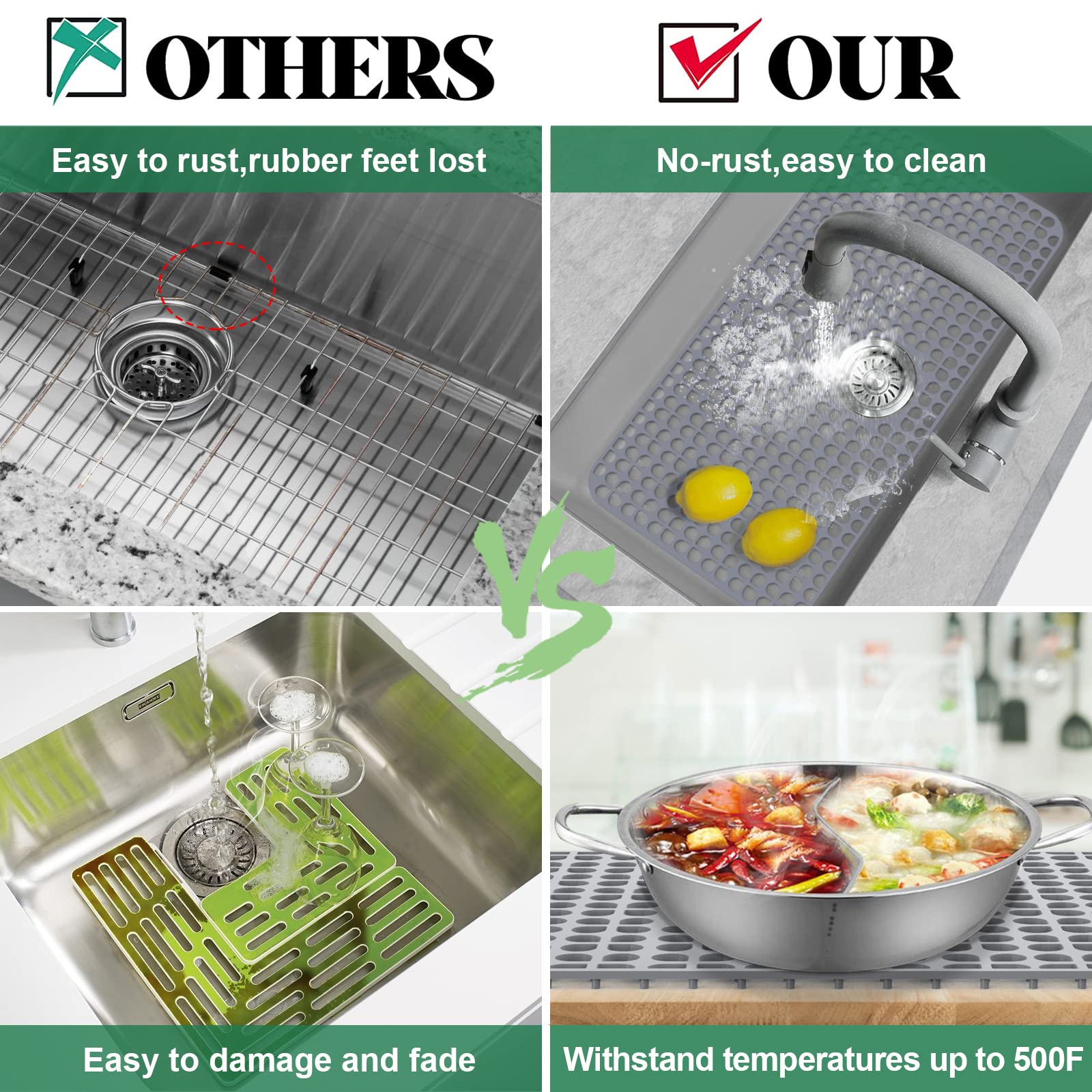MOSTWOGO Silicone Sink Protector for Kitchen Sink 28''x15'', Heat Resistant Kitchen Sink Mat for Bottom of Stainless Steel/Porcelain Sink ,Rear Drain, 1PCS No-Slip Sink Grid Accessories(Grey)