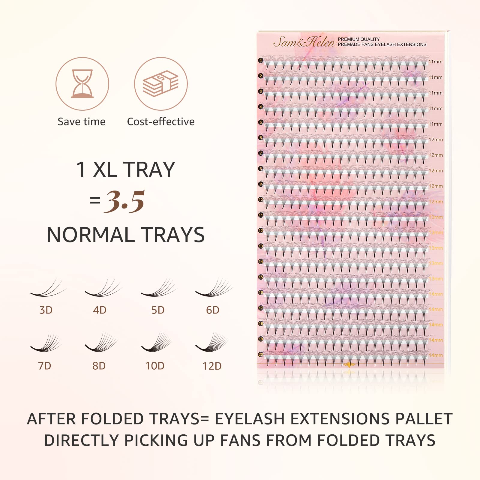 Premade Fans Eyelash Extensions 8D/10D 0.07 C/D Mixed Lengths 8-15mm 400 Fans XL Tray Pointy Base Promade Individual Lashes Extension(10D 0.07C 8-15MM)