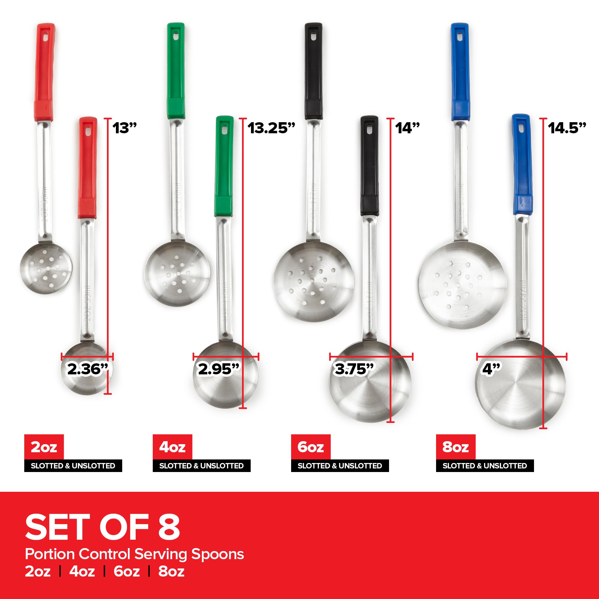 Portion Control Serving Spoons (Set of 8), Slotted & Unslotted Portion Scoops for Food, Heavy Duty Stainless Steel Utensils for Portion Control, 2, 4, 6, and 8oz Scoops for Portion Perfection