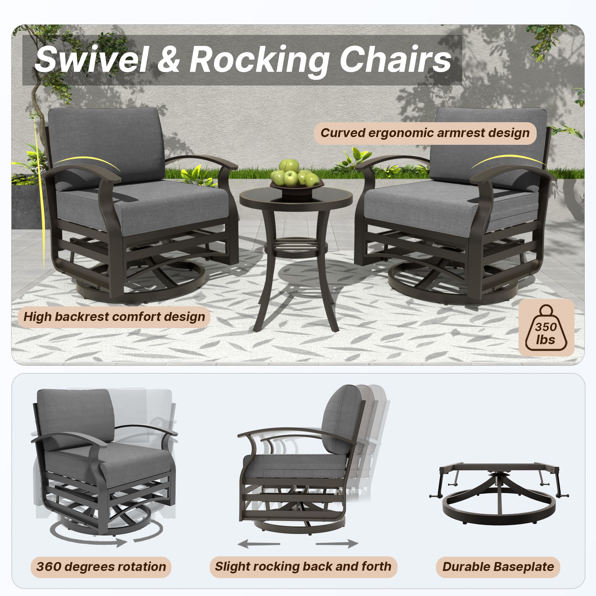 Piltwoff Aluminum Patio Furniture Set,8 Pcs Modern Patio Sectional Conversation Sets w/55,000BTU Propane Fire Pit,Outdoor Swivel Rocking Chairs w/5.1" Cushion&Coffee Table,Grey