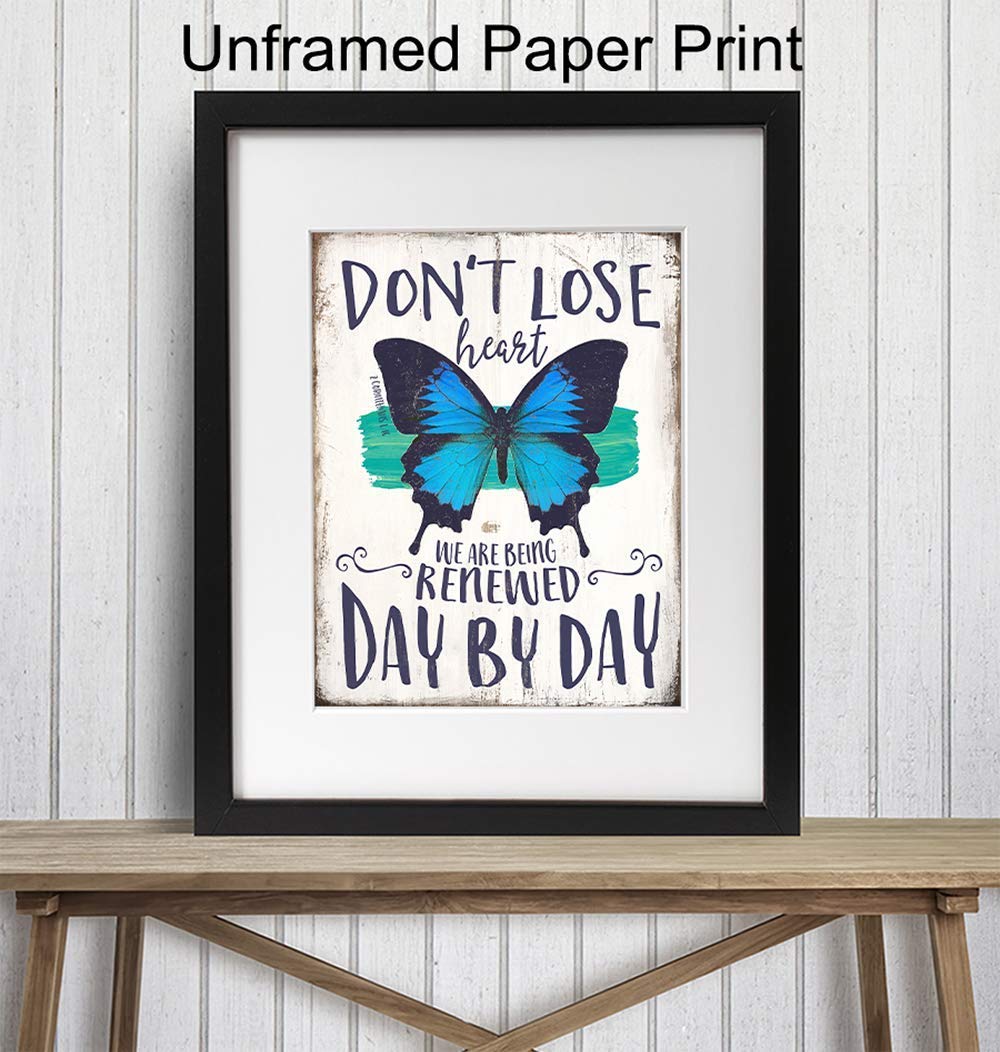 Inspirational Butterfly Picture - Christian Bible Verse Wall Art - Religious Scripture Wall Decor - Blue Rustic Boho Gift for Women - Motivational Home or Apartment Decoration for Bedroom, Living Room