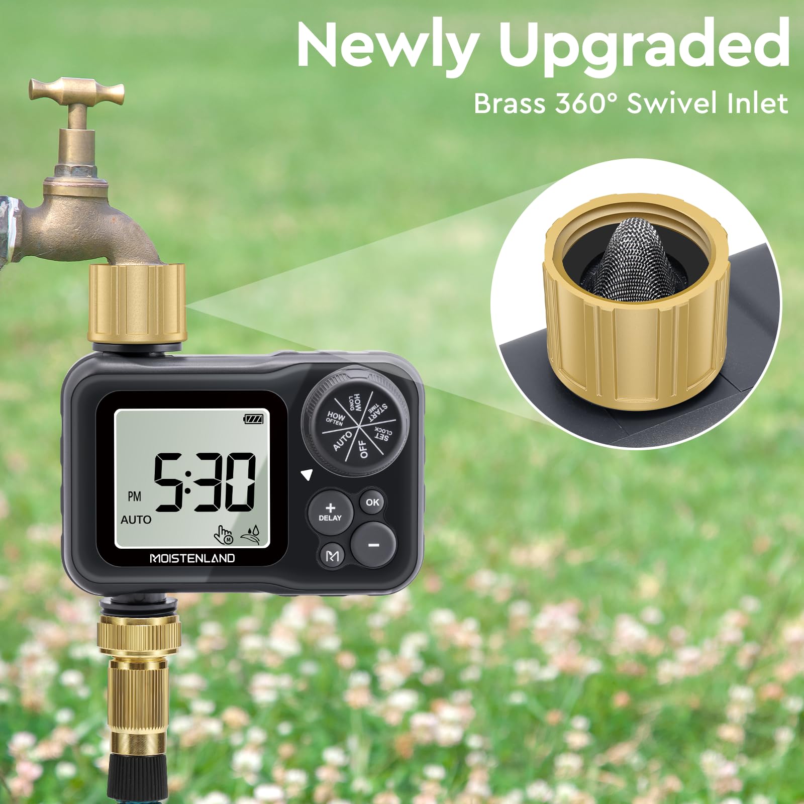 Moistenland Sprinkler Timer with Brass Swivel, Water Timer for Garden Hose, Hose Timer, with Rain Delay/Manual/Automatic Watering System, IP54 Waterproof, 2.6 Inches Large Screen(1 Outlet)