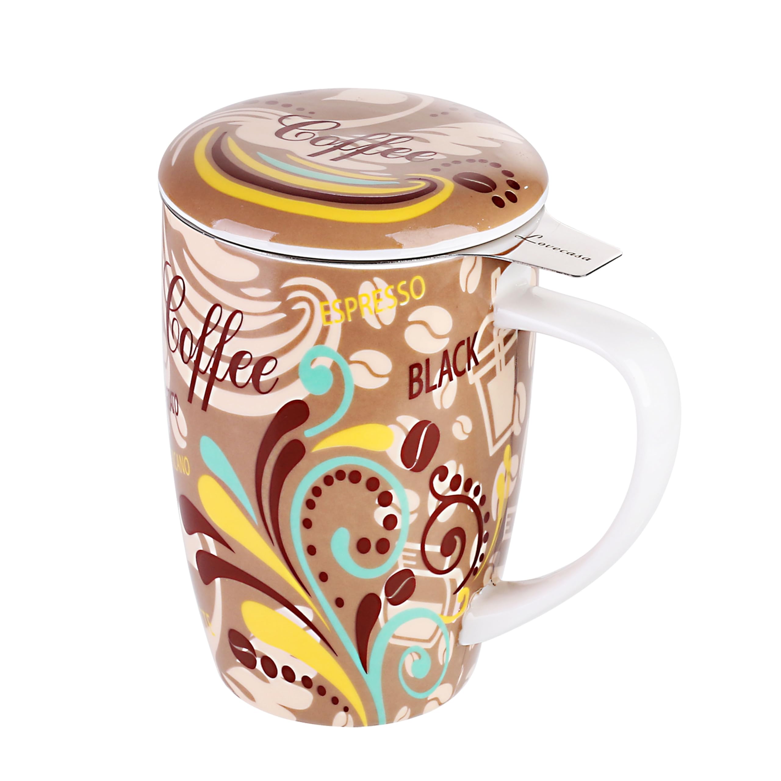 LOVECASA 16 OZ Tea Mug with Infuser and Lid, Tea Infuser Mug with Handle Ceramic Mug with Filter for Tea, Milk, Coffee, Loose Leaf Tea Infusers, Black