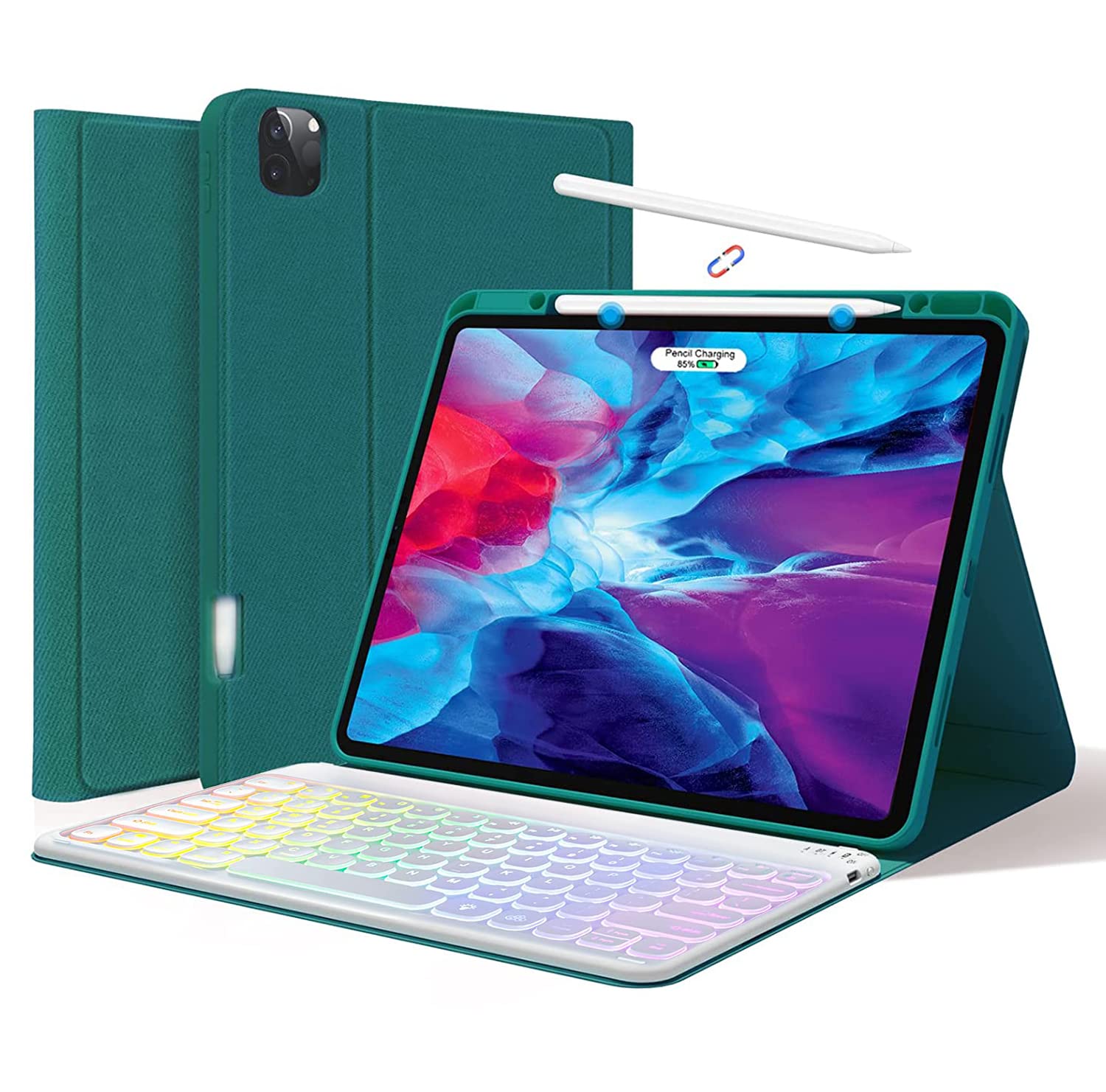 OPAKIT Pro 12.9-inch (4th/5th/6th gen - 2020,2021,2022) Keyboard Case, 7 Colors Backlit Detachable Keyboard, Smart Folio Case with Pencil Holder - Auto Sleep/Wake (Teal)