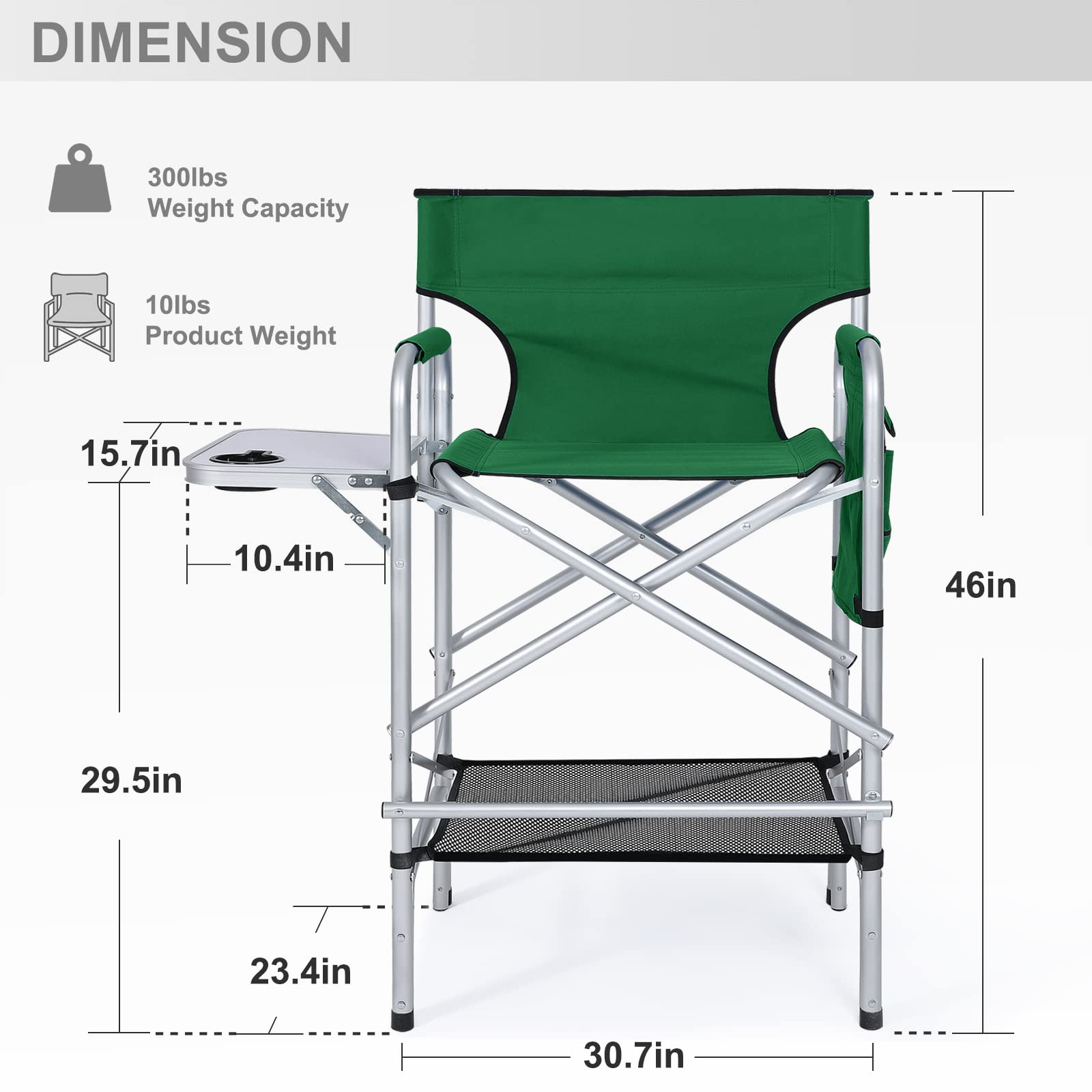 MASTERCANOPY Camping Chair Heavy Duty, Folding Directors Chair, High Rocking Chair Outdoor, Padded Set with Table Attached, Oversized (Green)