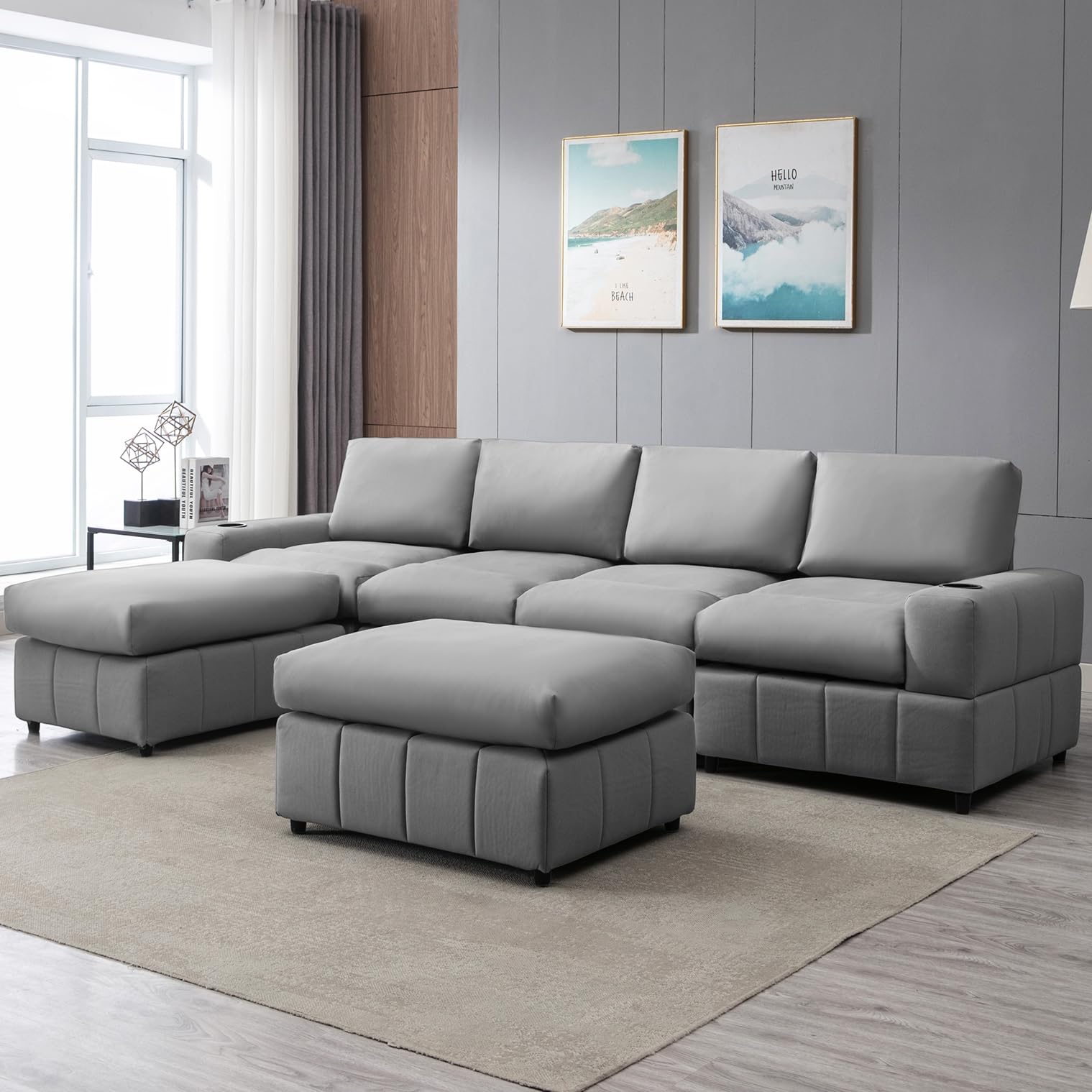 PUREMIND Modular Sectional Sofa, Convertible L Shaped Sectional Couches with Reversible Chaise for Living Room, Suede Leather 6-Seats U Shaped Sofa Sleeper with Cup Holder (Light Grey)