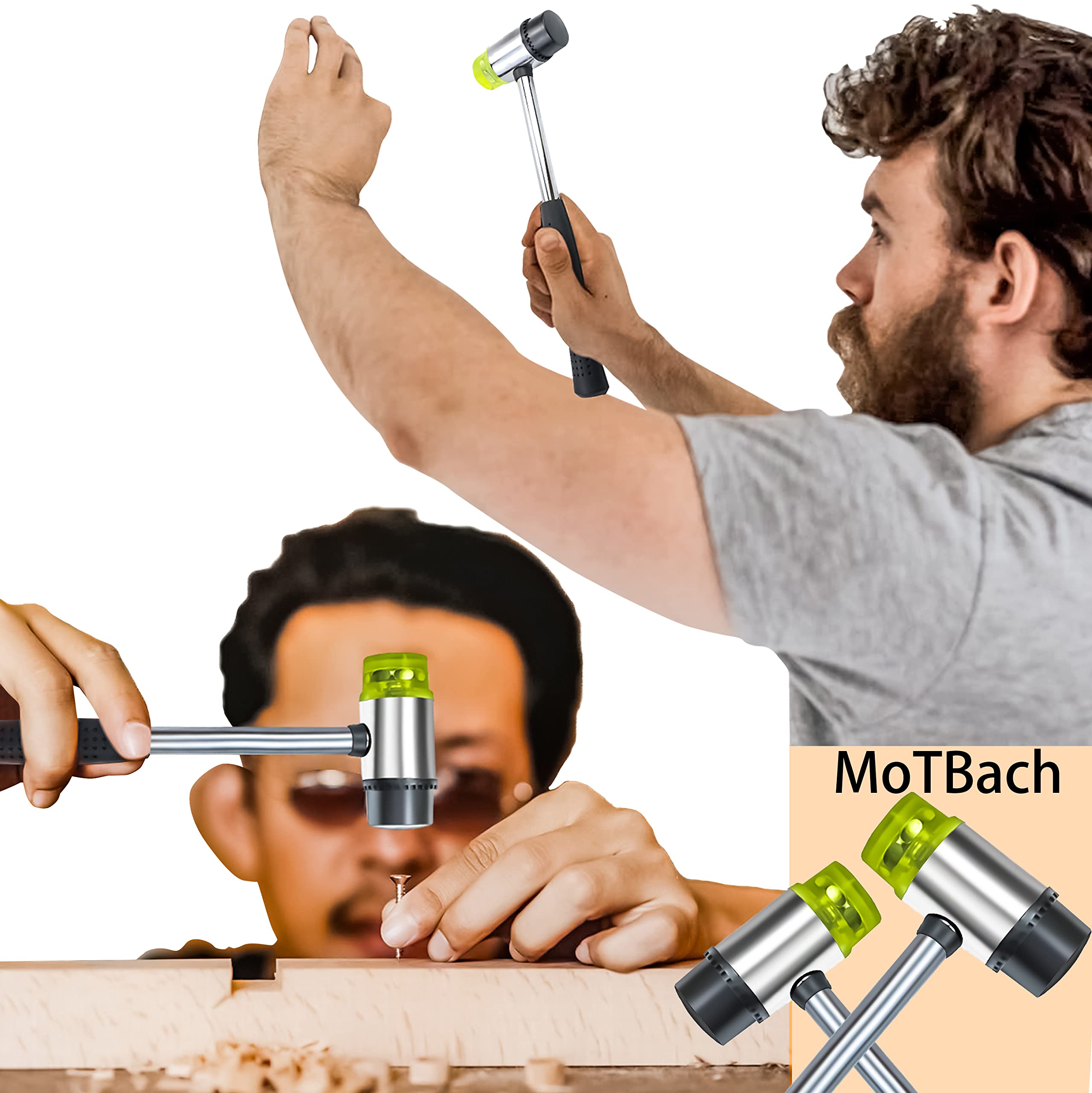 MotBach 2 Pack Double Head Plastic and Rubber Hammer, Double-Faced Soft Hammer(25mm and 35mm) with 4 Pcs Replacement Head(25mm and 35mm) for Jewelry, Leather Crafts, Wood, Flooring Installation