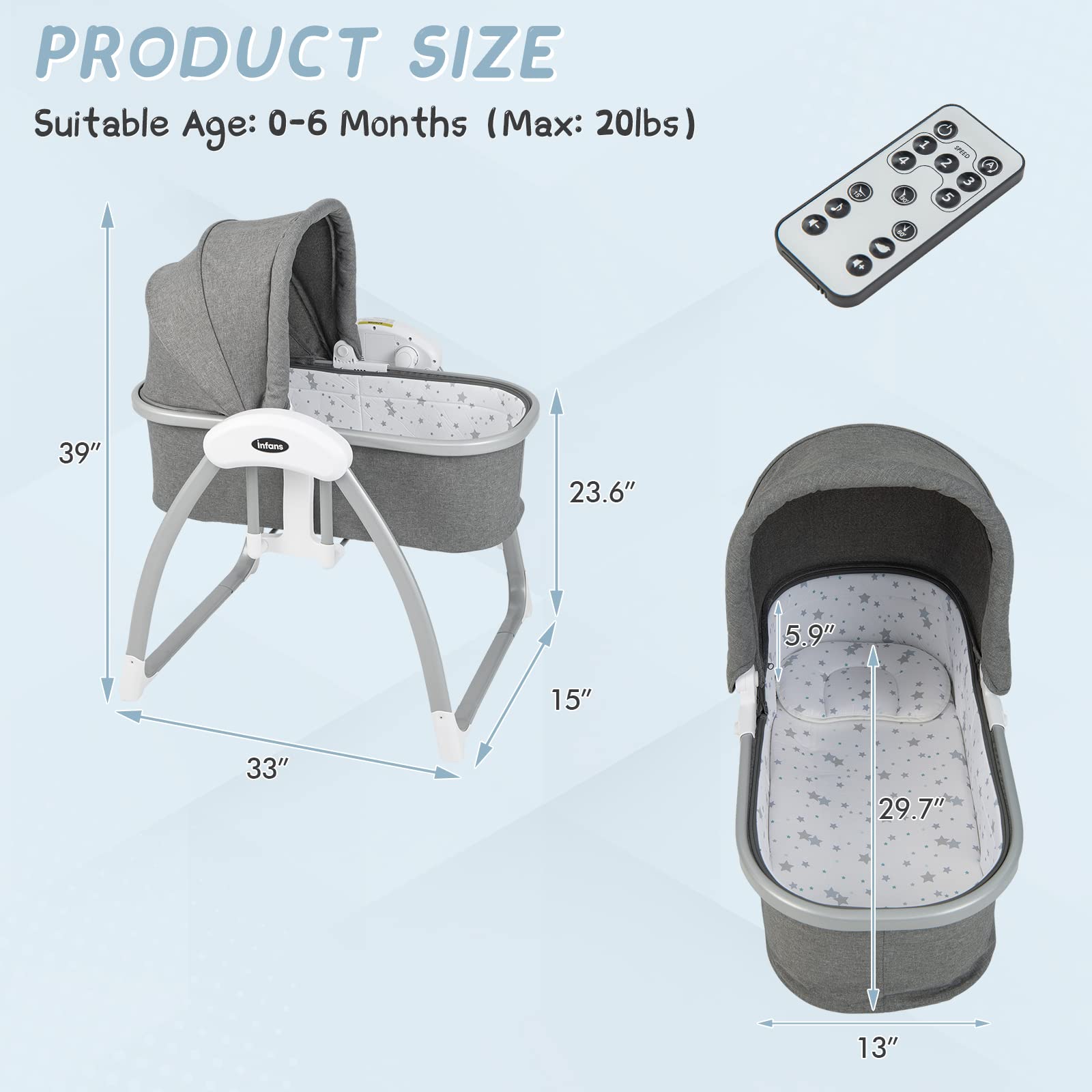 INFANS 2 in 1 Smart Electric Baby Rocking Bassinet, Automatic Bedside Crib for Infants, Sleeper Cradle with Remote Control 5 Speed Natural Sway Timing Function 12 Preset Lullabies for Newborn