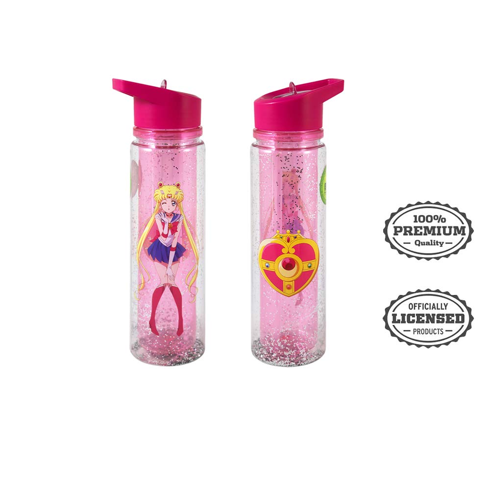 JUST FUNKY Sailor Moon Crystal Double-Walled Water Bottle | 18 oz Plastic Travel Beverage Container | Includes Glitter Wall | Home Deco | Anime Water Bottle | Officially Licensed