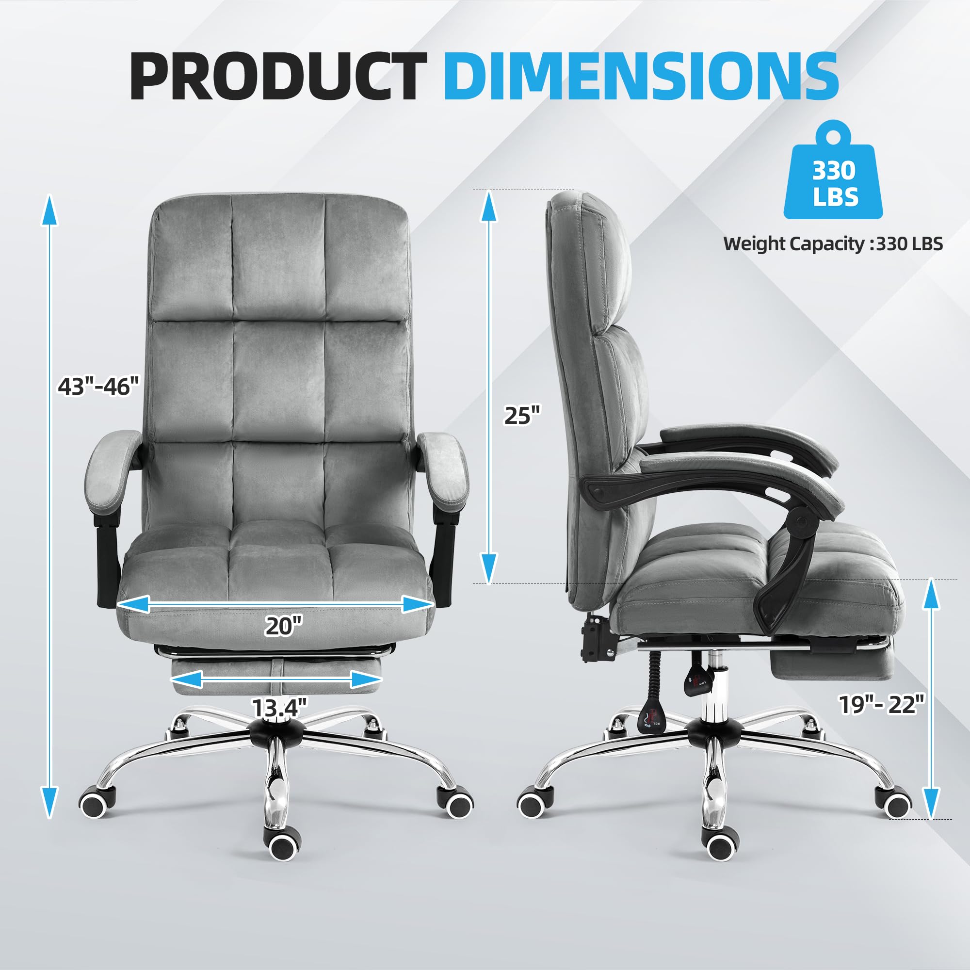 Velvet Ergonomic Office Chair with Footrest - Comfortable High Back Reclining Computer Chair for Home Office (Grey)