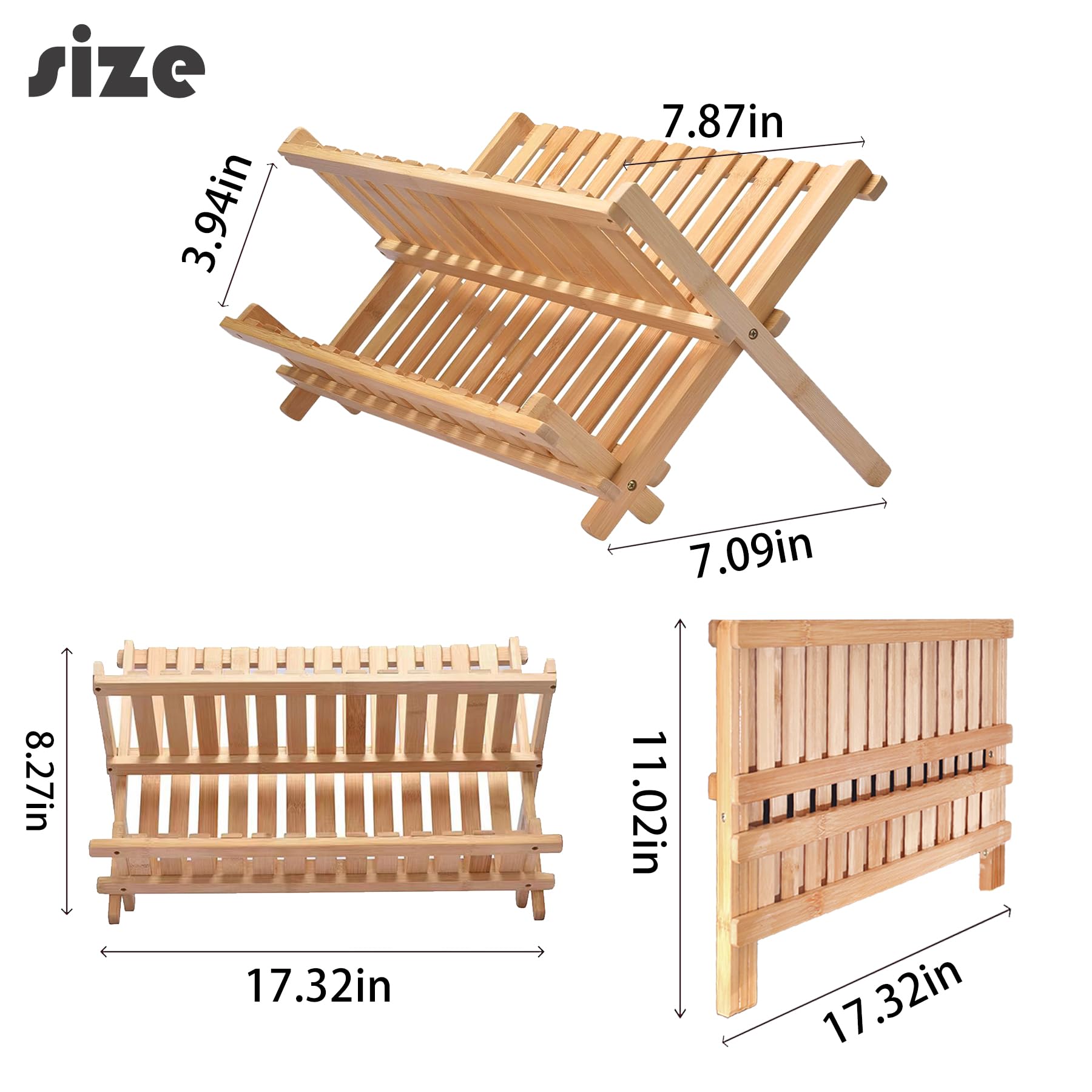KAEASOUS Bamboo Dish Drying Rack - Large 2 Tier Wooden Dish Drying Rack for Kitchen, Wooden Plate Rack with Foldable Design, Drying Rack for Dishes, Utensils and Cups, Folding Dish Rack for Kitchen