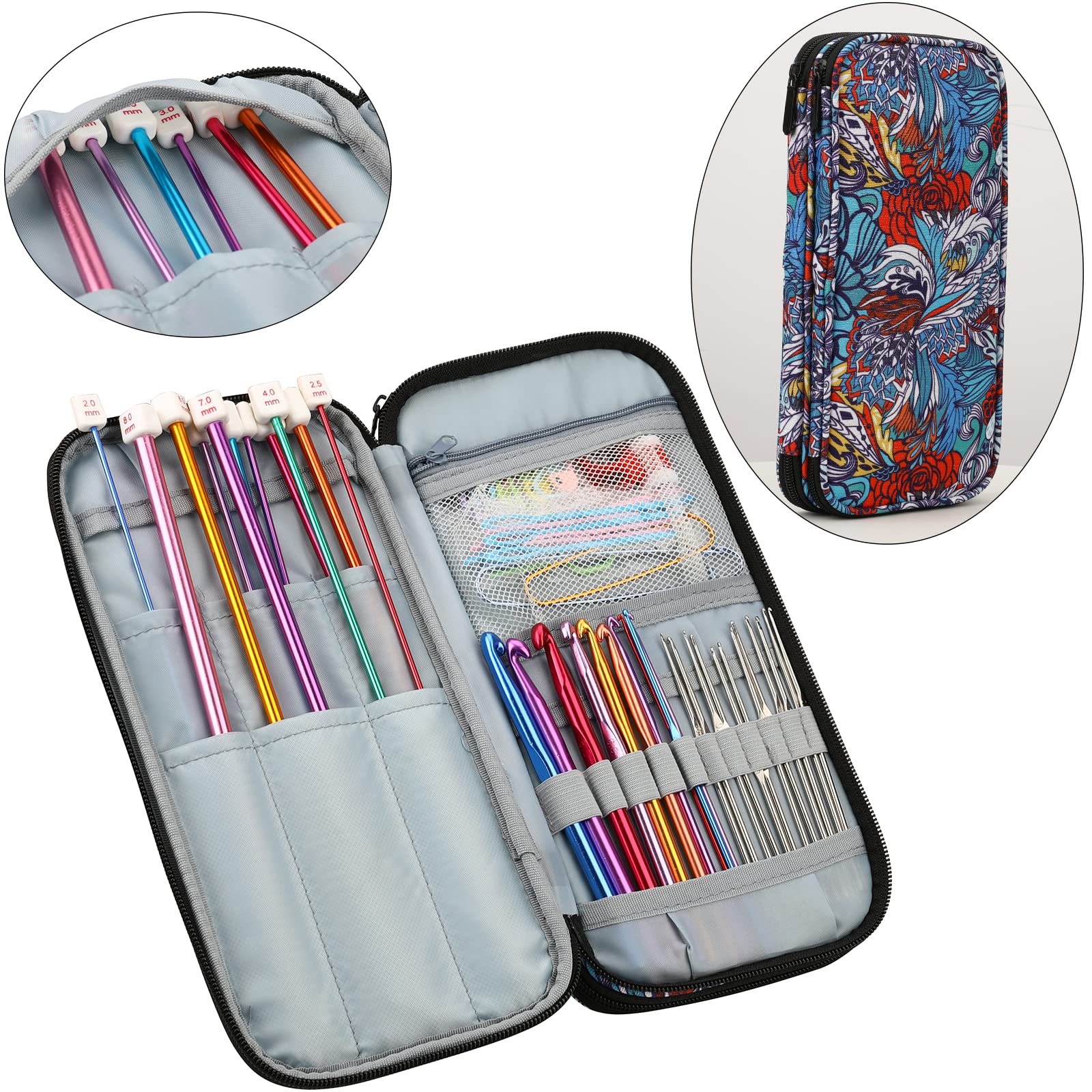 LOOEN 68pcs Crochet Hooks Set,Aluminum Tunisian Crochet Hooks Set Afghan Knitting Needles Kit with Case,11pcs 2mm/B-8mm/L Multicolor Hooks and Necessary Accessories