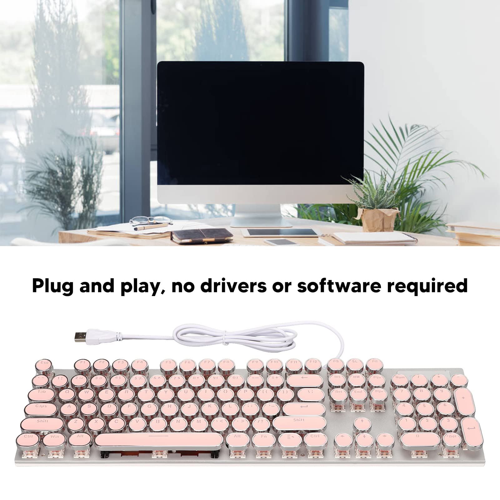 Pomya 104 Keys Mechanical Keyboard, Typewriter Style Red Switch Mechanical Gaming Keyboard, Retro Round Keycaps PC Keyboard with RGB Backlight for Win, for OS X(Pink)