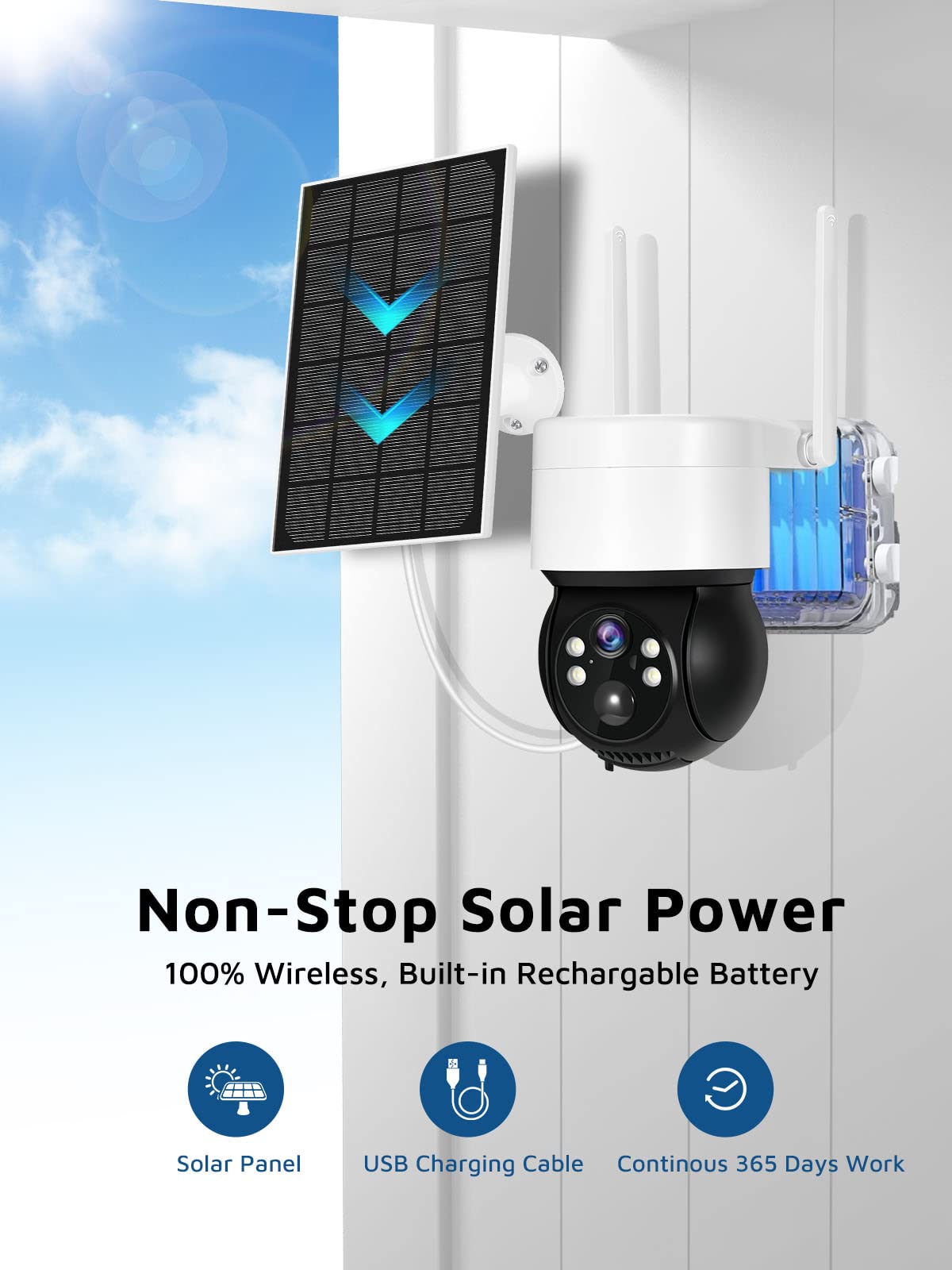Reobiux Security Cameras Wireless Outdoor, Solar Camera 2.4Ghz WiFi Security Camera with PIR Detection & Siren, Solar Battery Powered, 2-Way Audio,Night Vision, IP66 Wireless Outdoor Camera