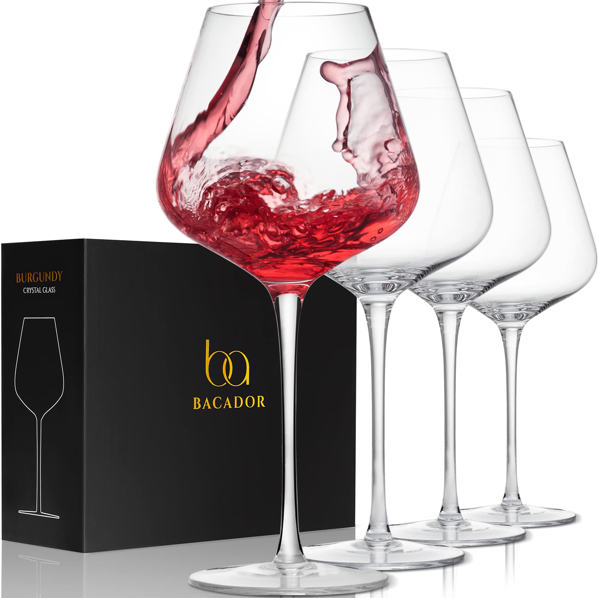 Large Burgundy Wine Glasses Set of 4 - Crystal Red Wine Stemware - Wide Bowl Ideal for Tasting Cabernet, Pinot Noir, Burgundy, Bordeaux - Big Hand Blown Glasses - 25 oz