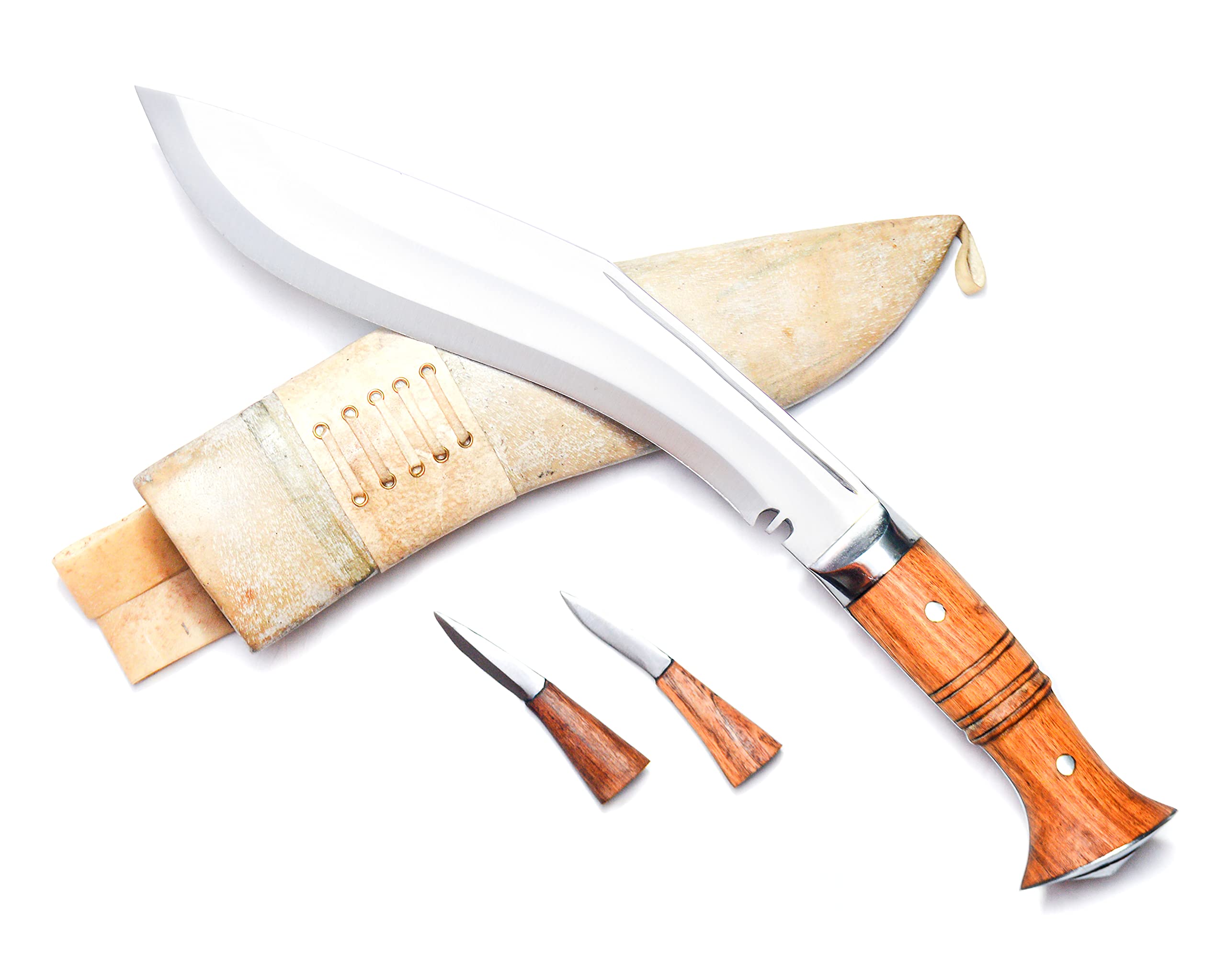 MASUM 10” Blade Operation Kukri, Panawal Full Tang Gurka Khukri, Double Fuller Sharp Blade Khukuri, Beige Leather Scabbard w/ 2 extra utility knives, Handmade in Nepal Khukri