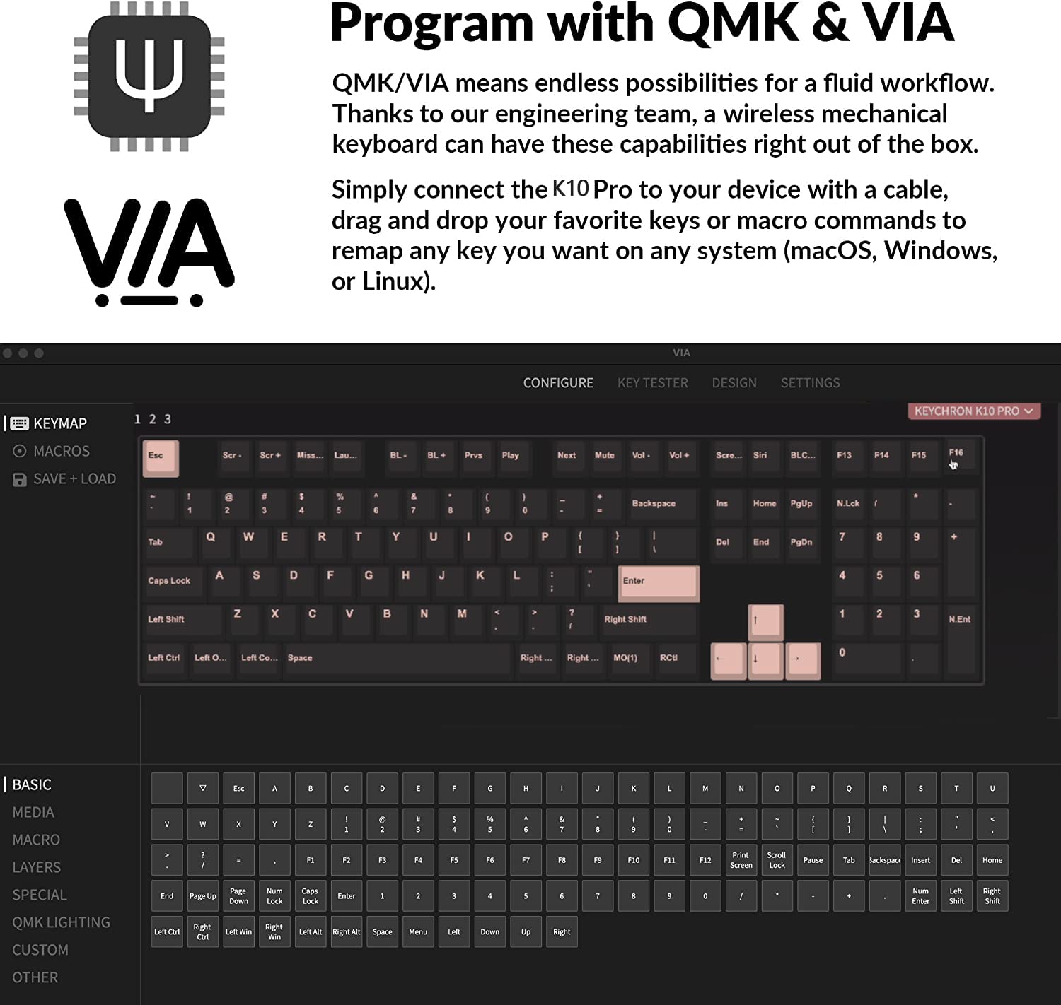 Keychron K10 Pro QMK/VIA Custom Wireless Mechanical Keyboard, Hot-Swappable Full Size 108 Keys Programmable White LED Backlit Brown Switch, Bluetooth/USB-C Wired Gaming Keyboard for Mac Windows Linux