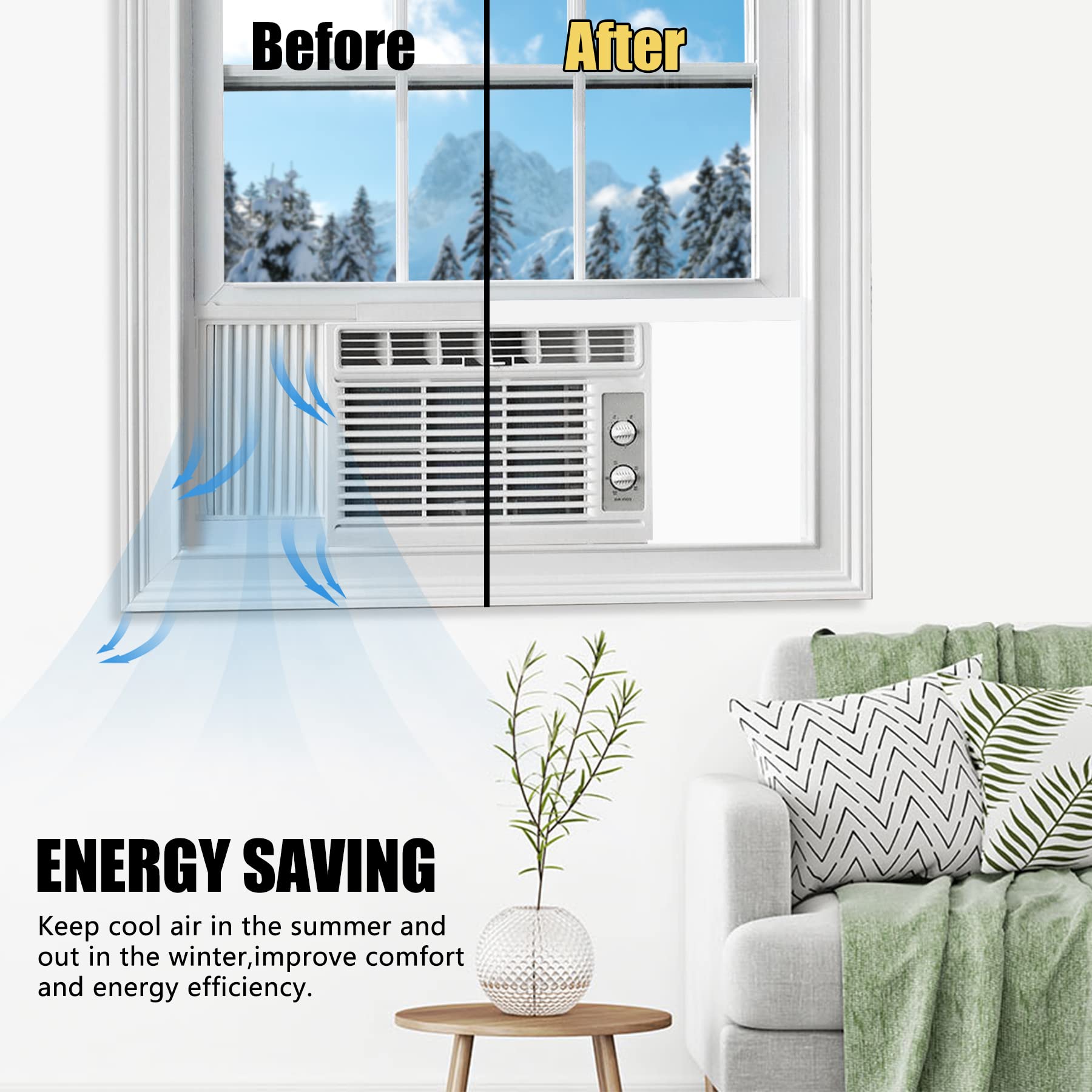 Powrocket Window Air Conditioner Foam Insulated Panel, 17-Inch High x 9-Inch Wide All Season Protection Window AC Side Panels Kit with Air Conditioner Top Seal Strip