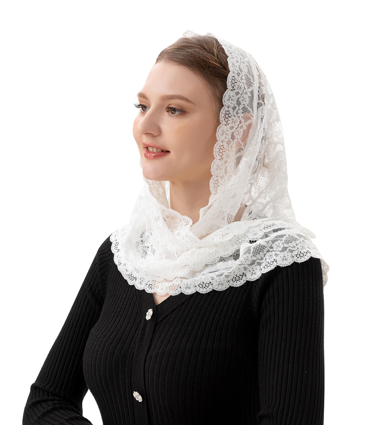 PAMOR Veils for Church Catholic Triangluar Scarf Embroidered Chapel Veil Head Covering Latin Mass Mantilla (White)