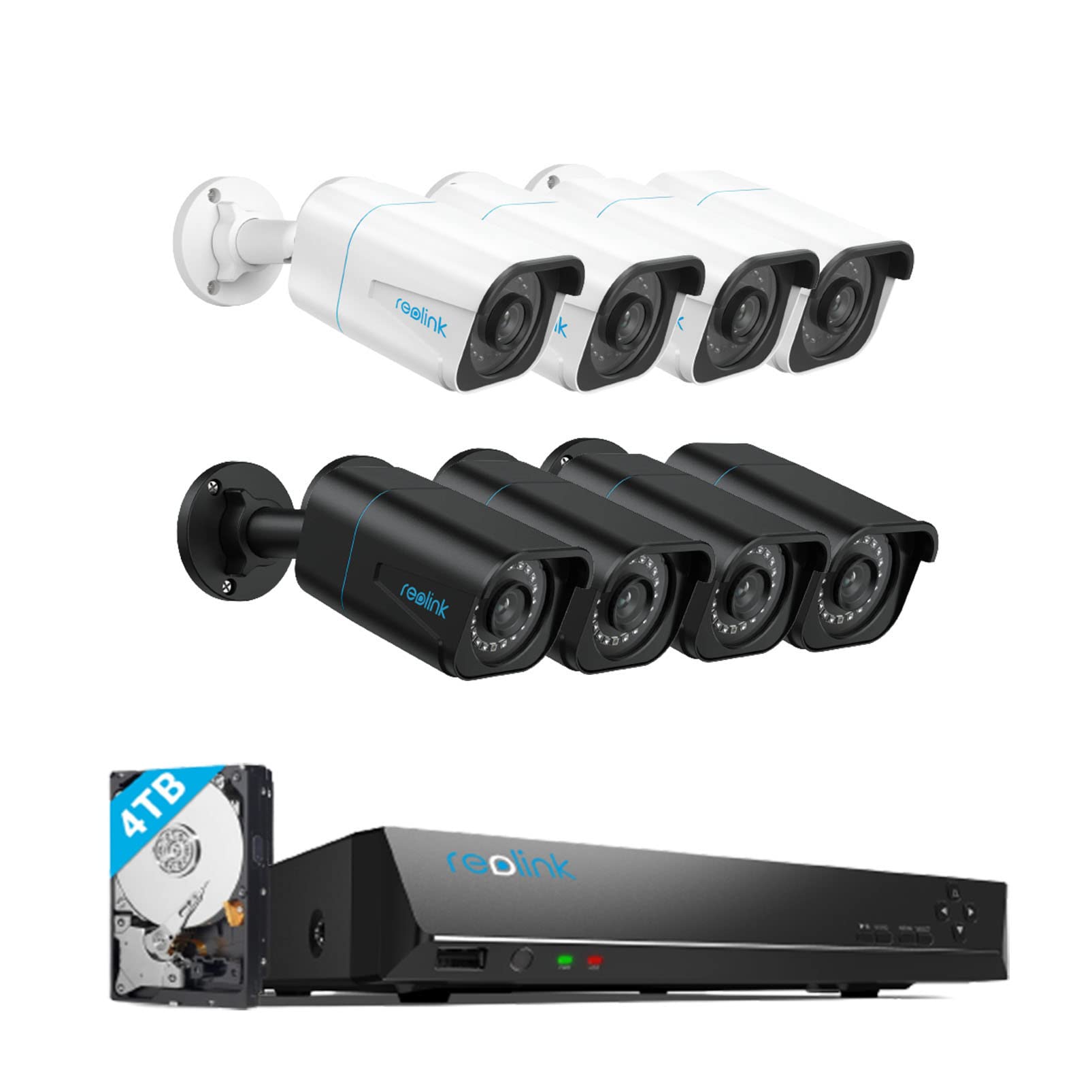 REOLINK 4K Security Camera Outdoor System, Surveillance IP PoE Camera with Human/Vehicle Detection, 100Ft 8MP IR Night Vision, 4X RLC-810A (Black), 4X RLC-810A Bundle 1x RLN16-410