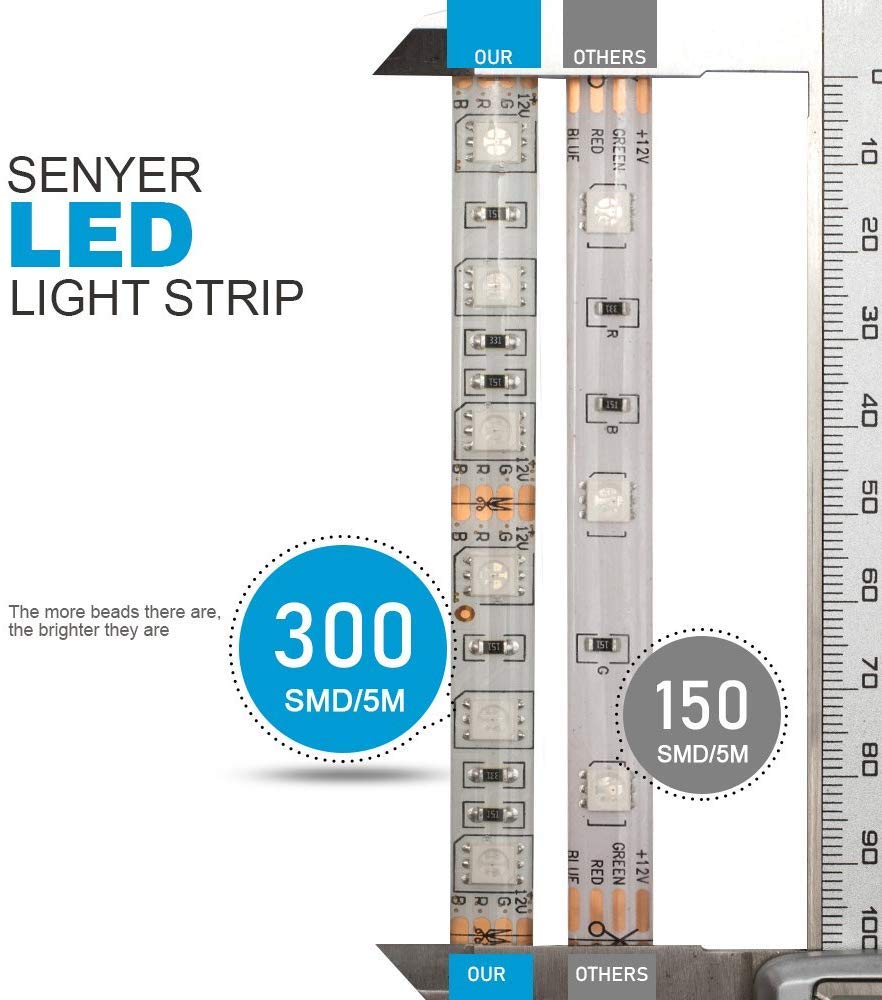 SENYERGIANT LED Strip Lights, 32.8 ft RGB Led Light Strip 600 LED 5050 SMD IP65 Waterproof RGB Flexible Light Strip Kit with 44 Key IR Remote RGB Controller, Strengthen Tape, 12V 5APower Supply12