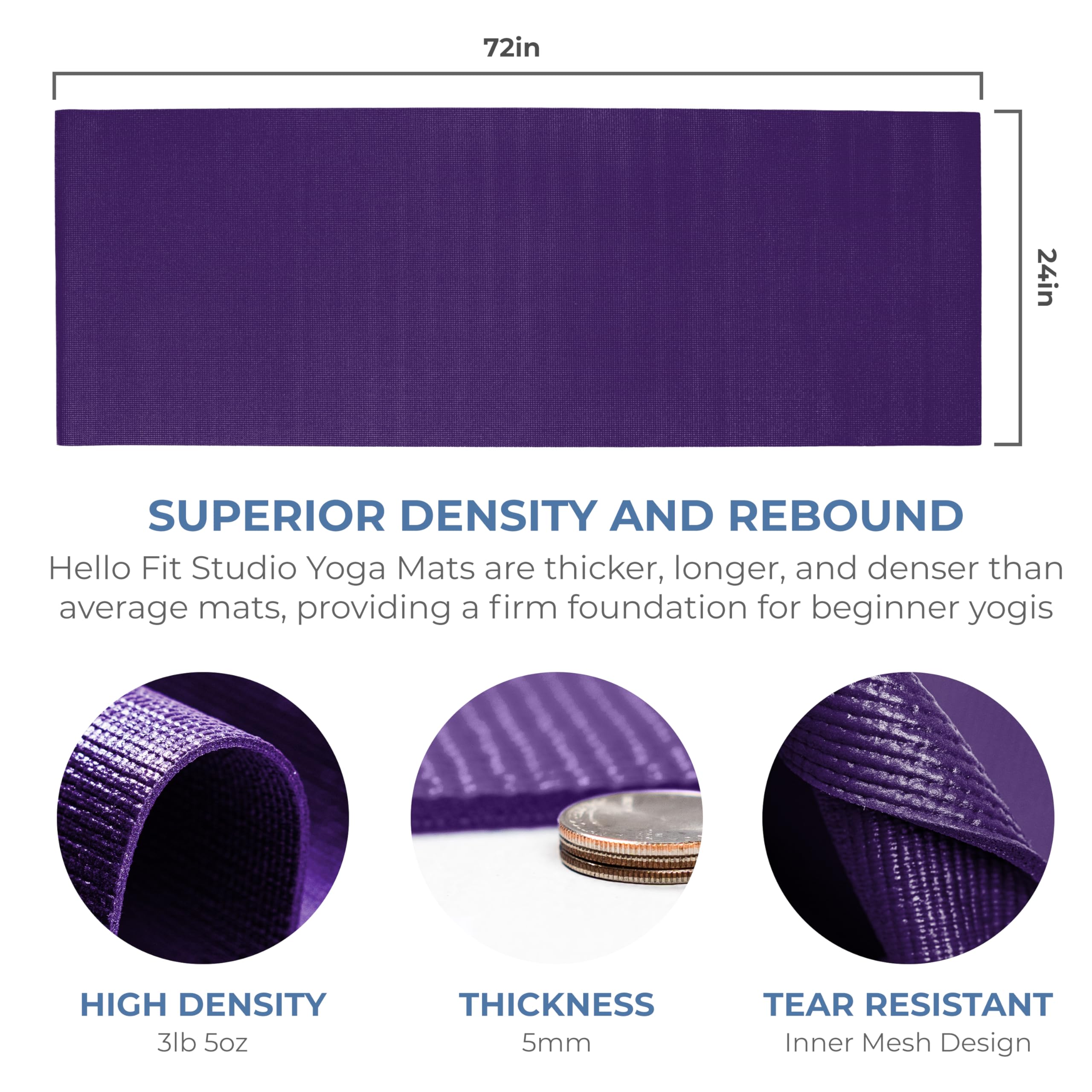 Hello Fit Studio Extra Thick Yoga Mat With Carrying Strap, 6 Pack, 72" x 24" Extra Long Exercise Mat, 5mm Bulk Yoga Mats for Schools, Studios, or Gyms, Non Slip Fitness Mat, Purple