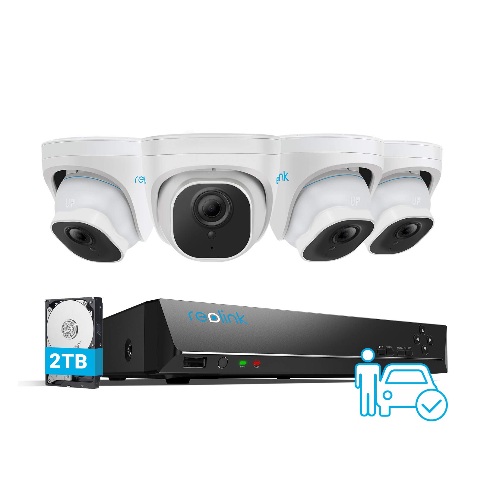REOLINK 5MP 8CH PoE Security Camera System, 4pcs 5MP Wired PoE IP Cameras Outdoor with Person Vehicle Detection, 8CH NVR with 2TB HDD for 24-7 Recording, RLK8-520D4-A (Renewed)