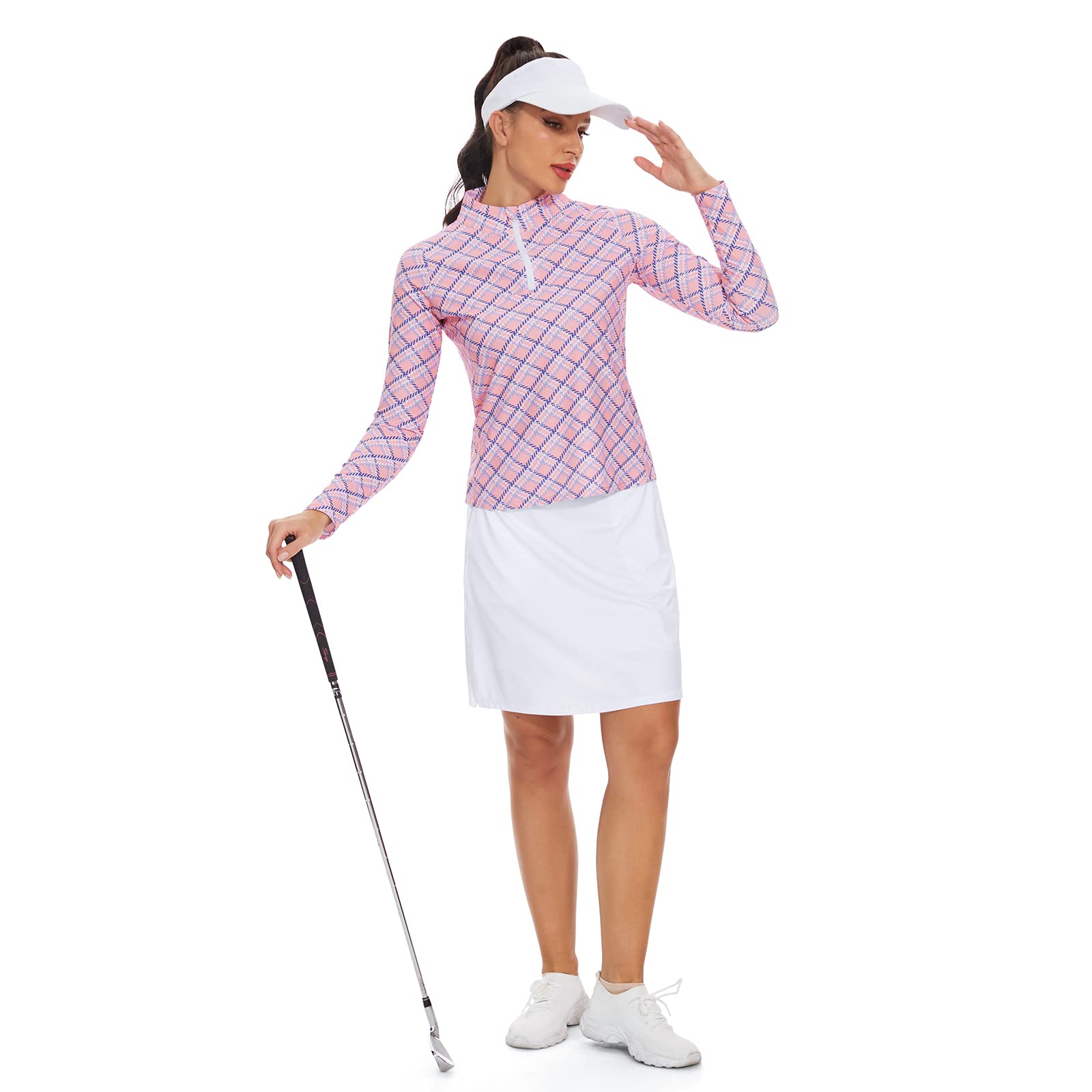 M MOTEEPI Womens Golf Shirt Long Sleeve Athletic Workout Tops for Women Quarter Zip Pullover Polo with Pocket Pink Plaid Small