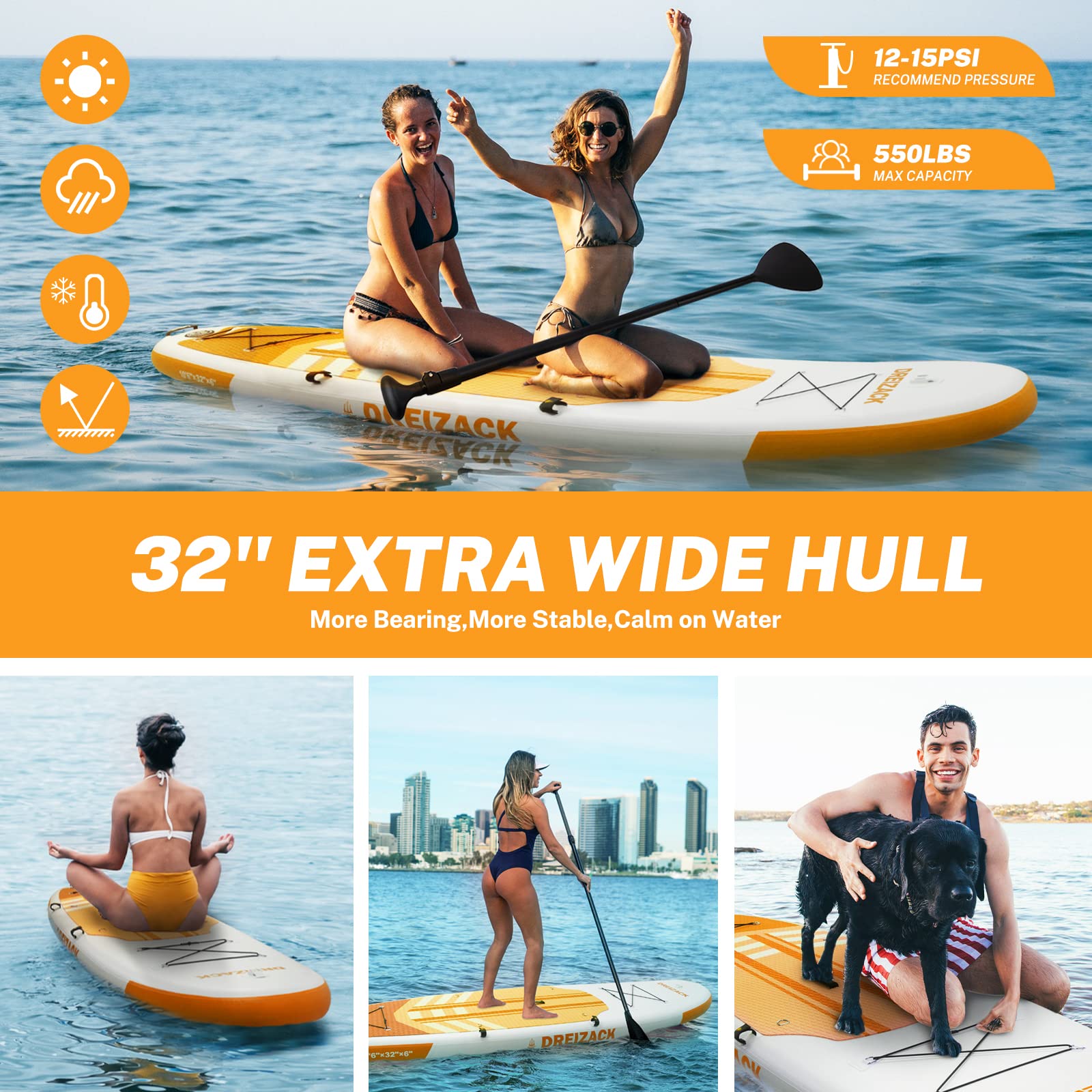Paddle Board 10'6"x32"x6", Dreizack Paddle Boards for Adults Extra Wide Stand up Paddle Board with SUP Accessories Inflatable Paddle Board for Fishing Yoga Kayaking Surf (Orange)