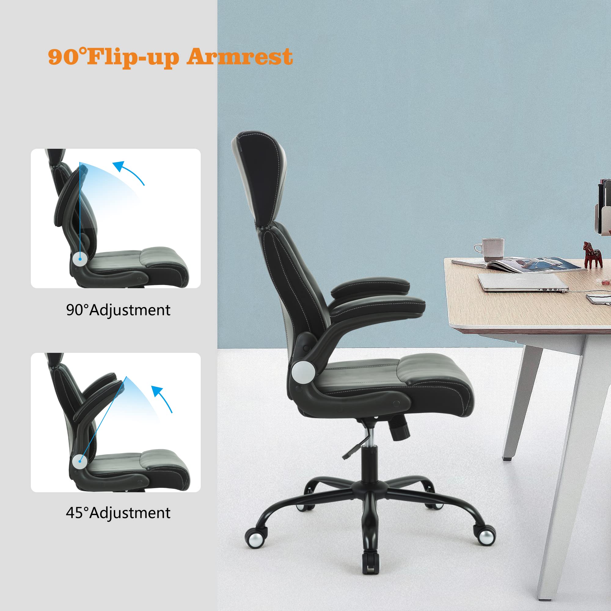 SOERGO Home Office Chair, Ergonomic Desk Chair with Lumbar Support, Faux PU Leather Cushion Mid Back Mesh Executive Computer Chair-Adjustable Headrest, Armrest, Height for Home Office Gaming, Black