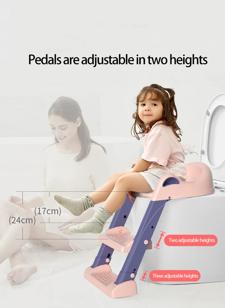 Pink Foldable Toilet Training Potty Seat Ladder Chair, Potty Training Toilet Seat with Step Stool Ladder and Handles Safe Non-Slip Step PU Cushion