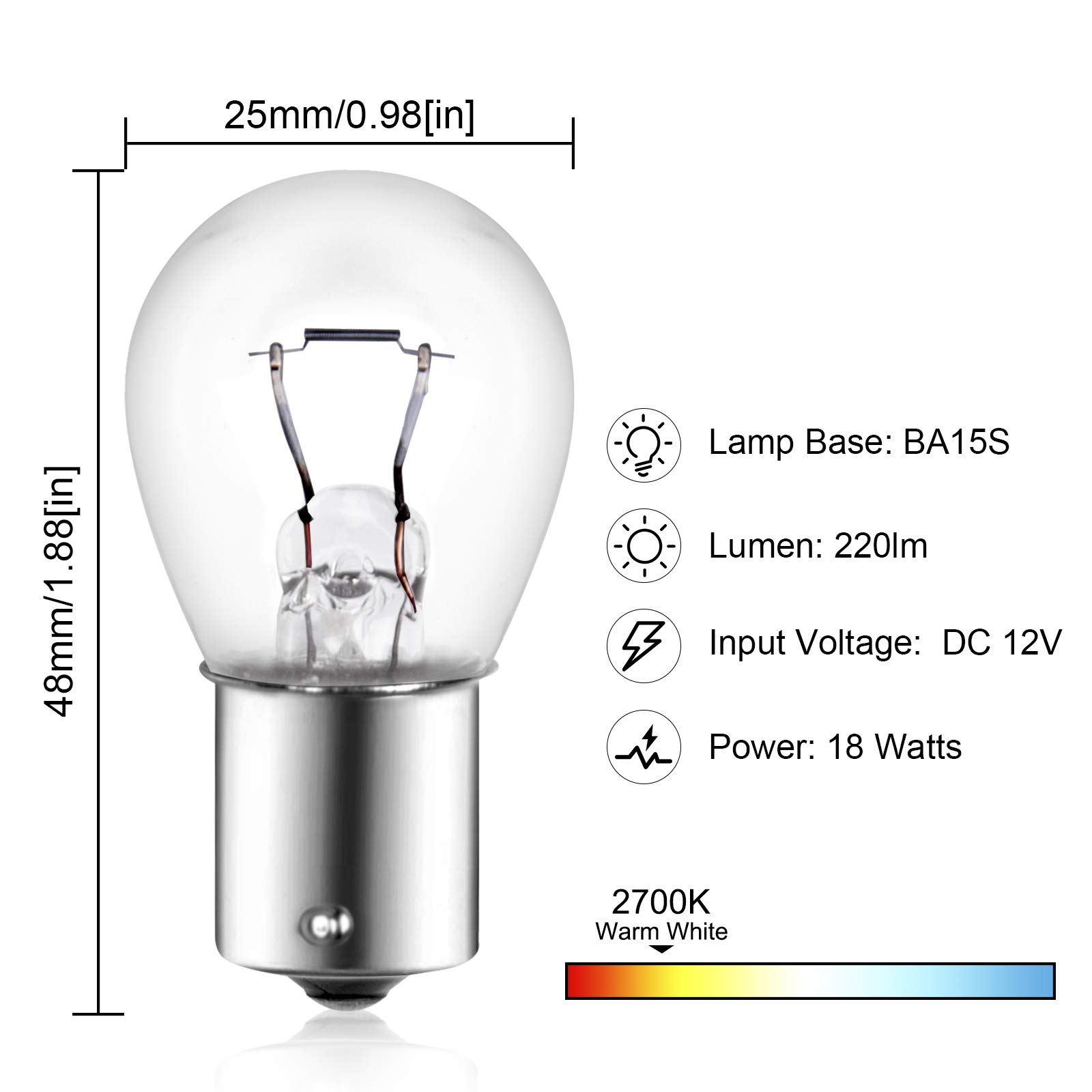 Lustaled 1141 S8 Low Voltage Landscape Light Bulbs, 12V 18W BA15s Bayonet Base Single Contact DC 12V Low Voltage 18W Landscape Light Bulb for Pathway RV Trailers Campers (Warm White 2700K, 10-Pack)