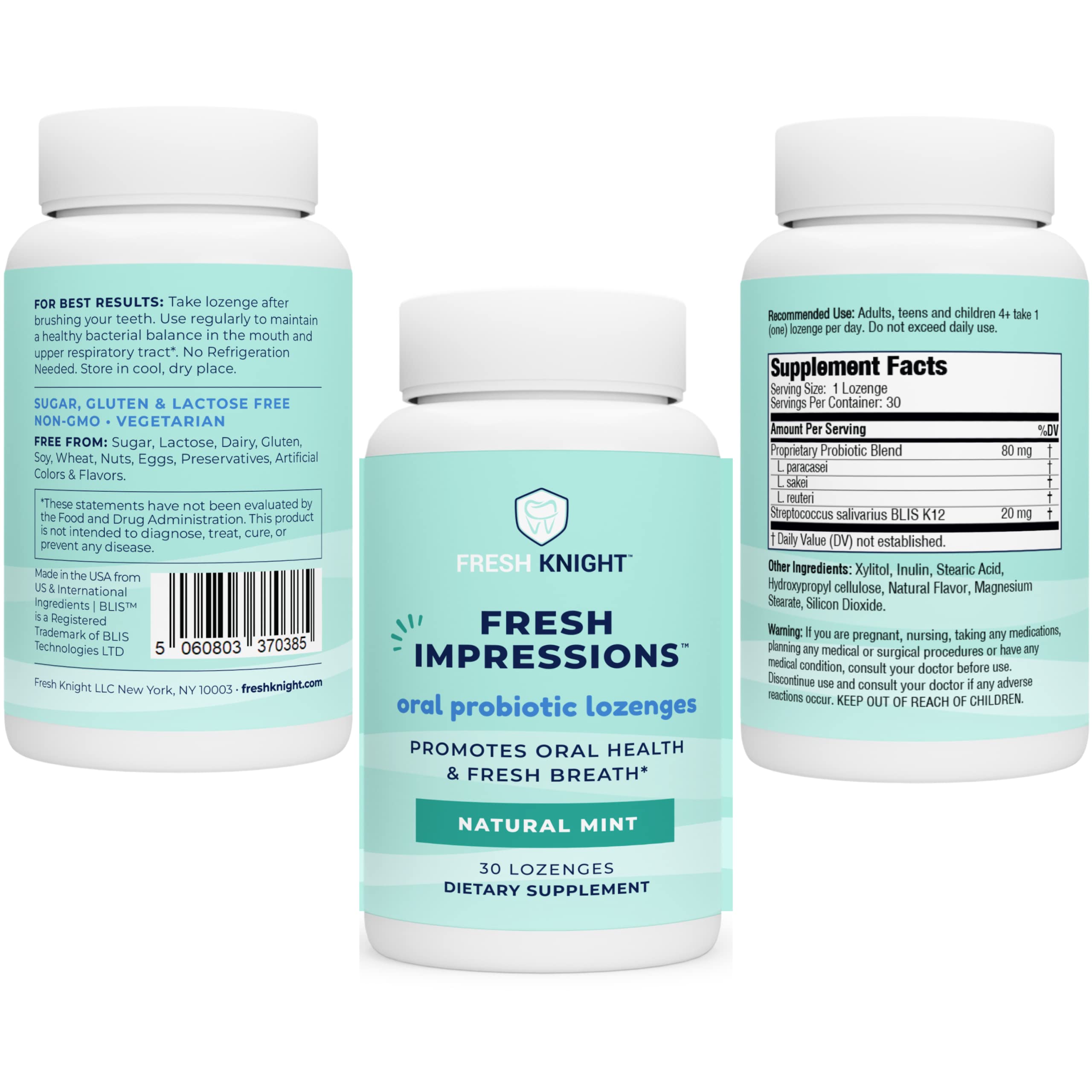 Oral Probiotics, Chewable Oral Probiotic for Bad Breath, Halitosis, Teeth, and Gum Health, Fresh Impressions, Oral Probiotic Lozenges, Contains Blis K12, Mint Flavored, Sugar Free, 1 Pack (30ct)